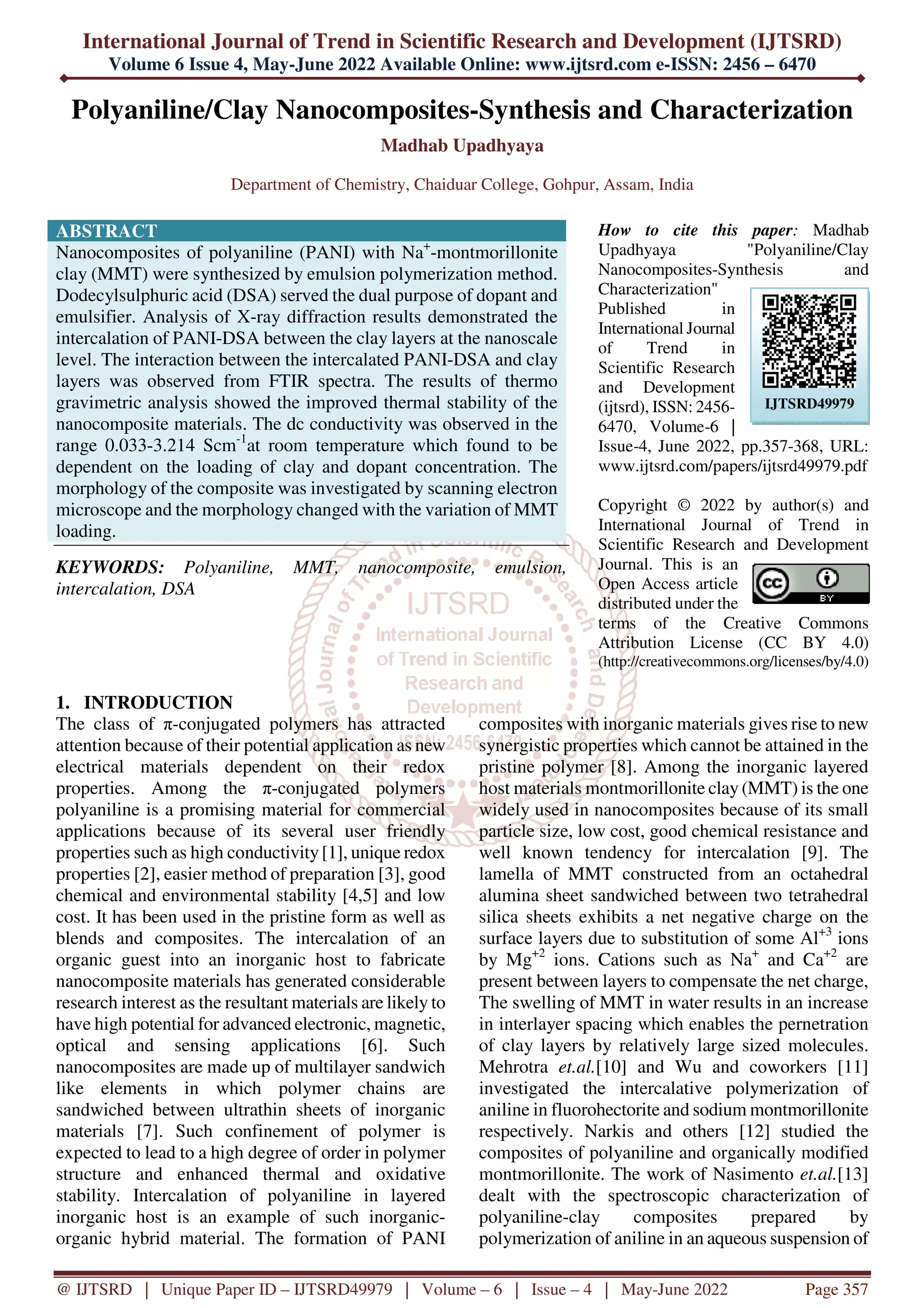 Polyaniline Clay Nanocomposites Synthesis and Characterization | PDF