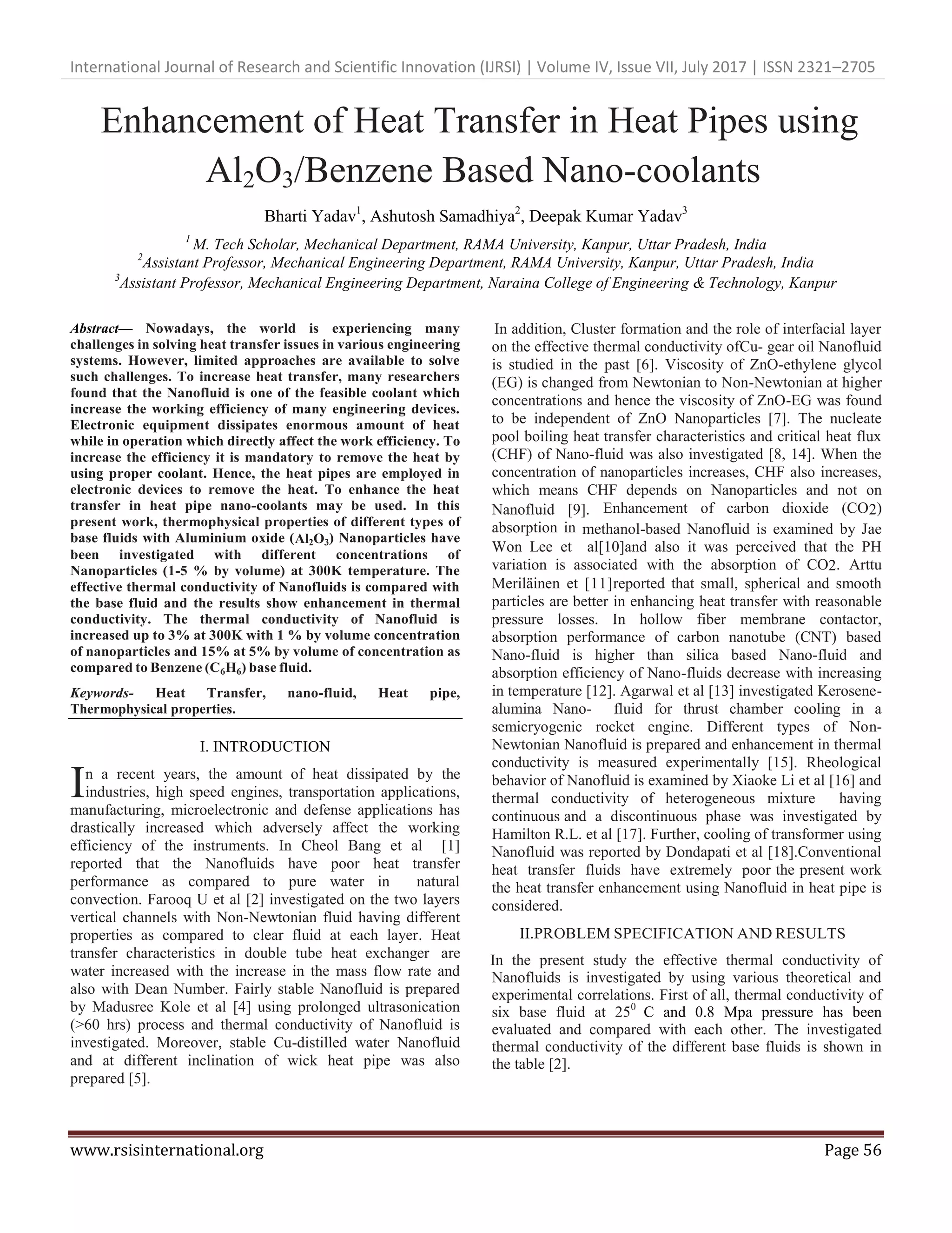 Enhancement of Heat Transfer in Heat Pipes using Al2O3/Benzene Based ...