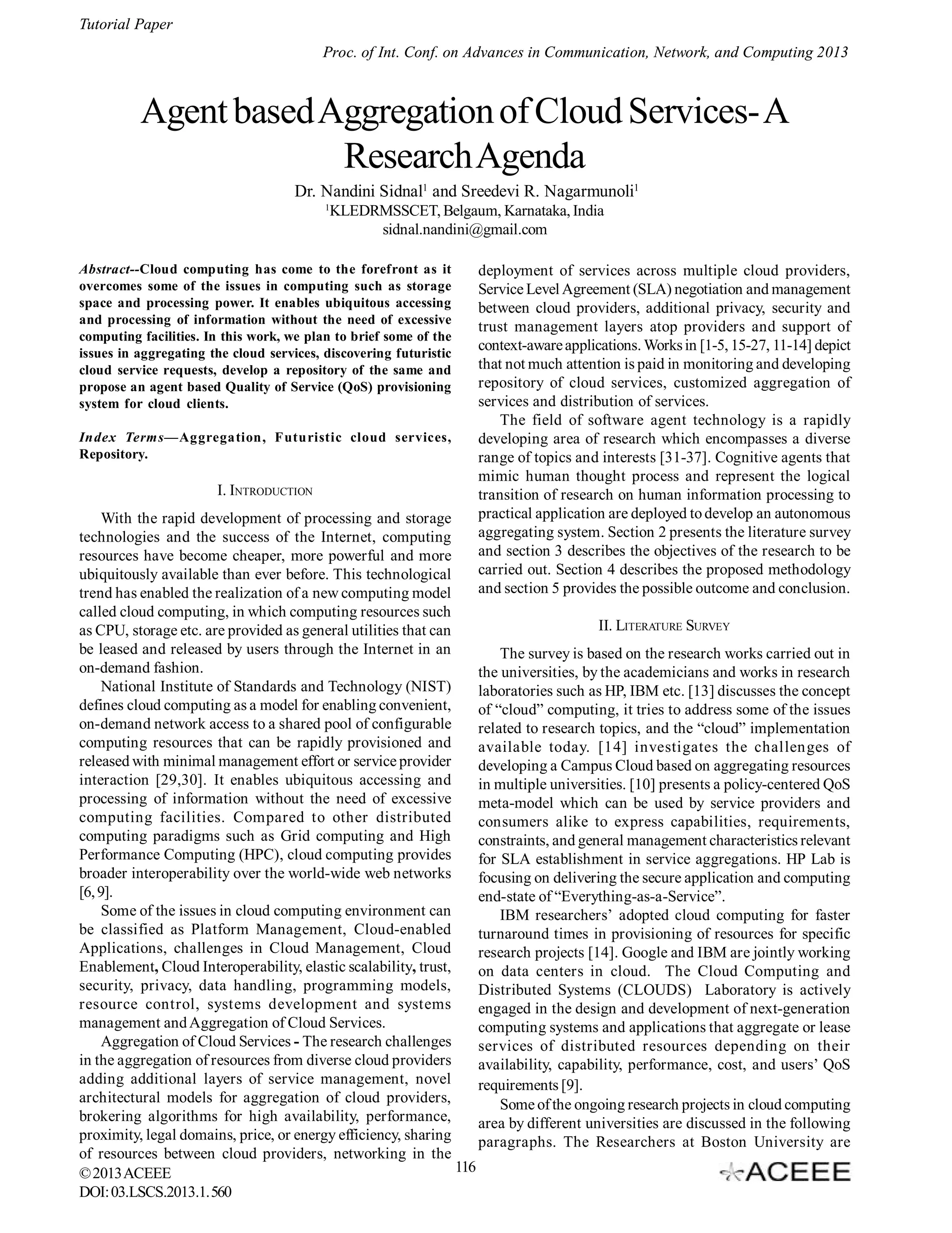 Agent based Aggregation of Cloud Services- A Research Agenda | PDF