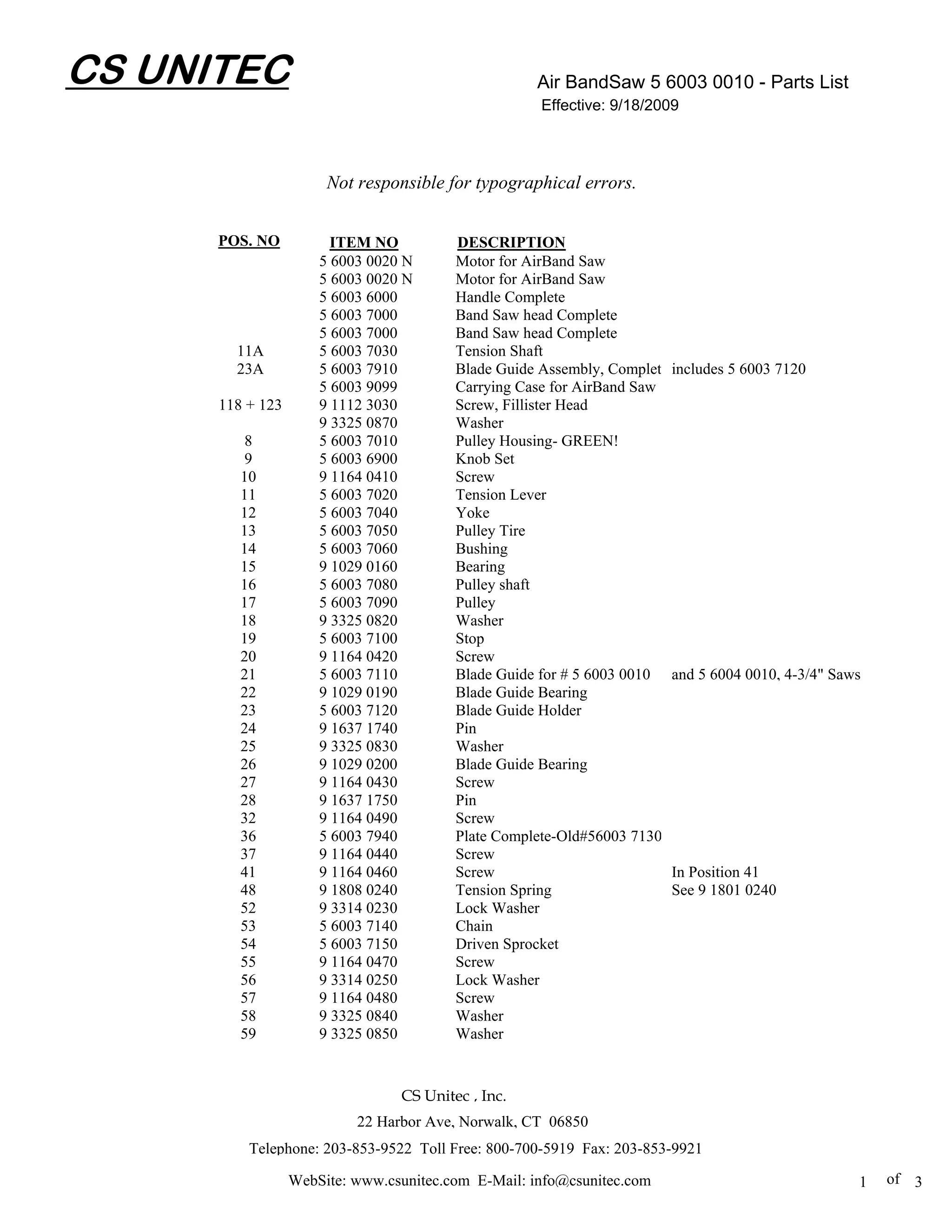 CS Unitec Pneumatic Band Saw Schematic: 5 6003 0010 | PDF