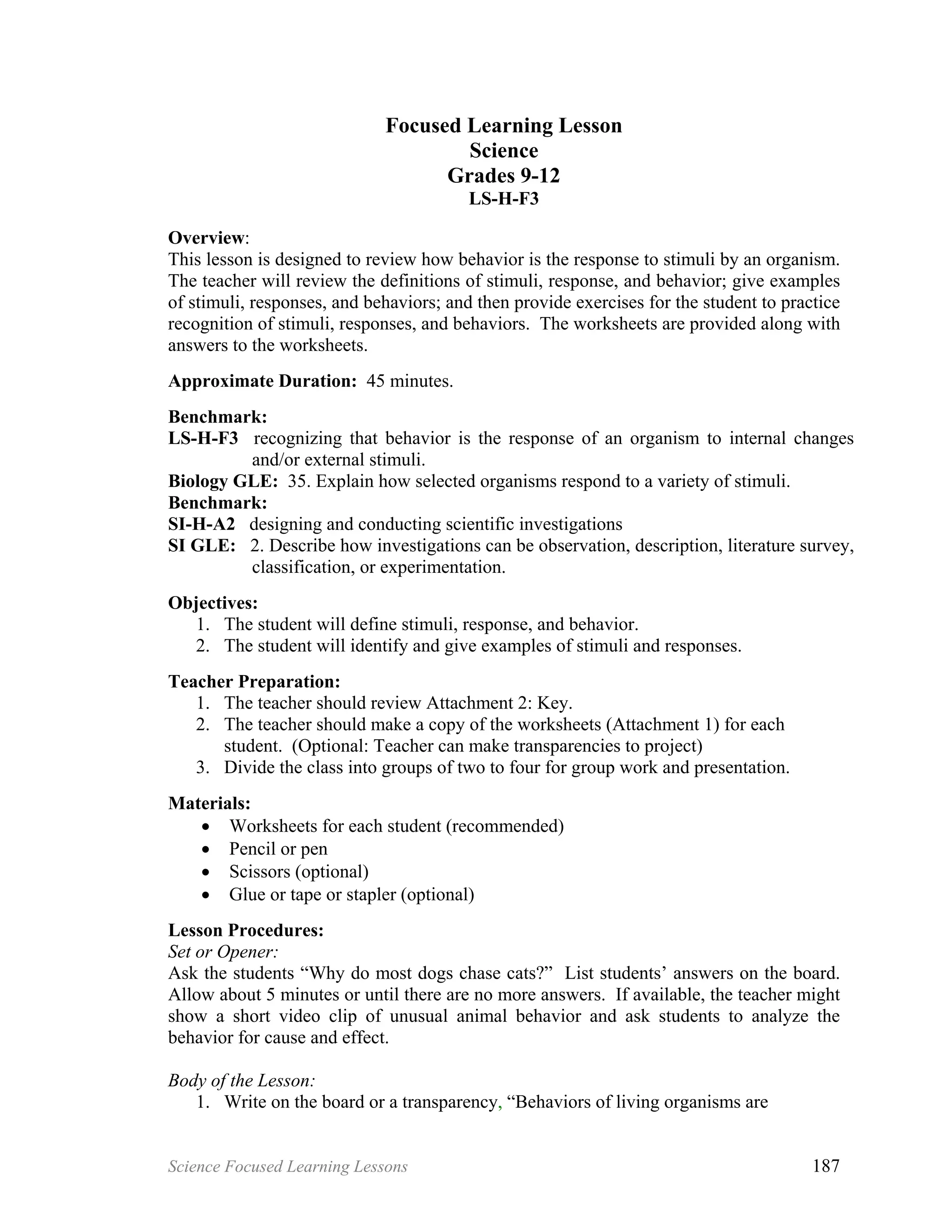 Stimulus and Response Worksheet 2 with Answers | PDF
