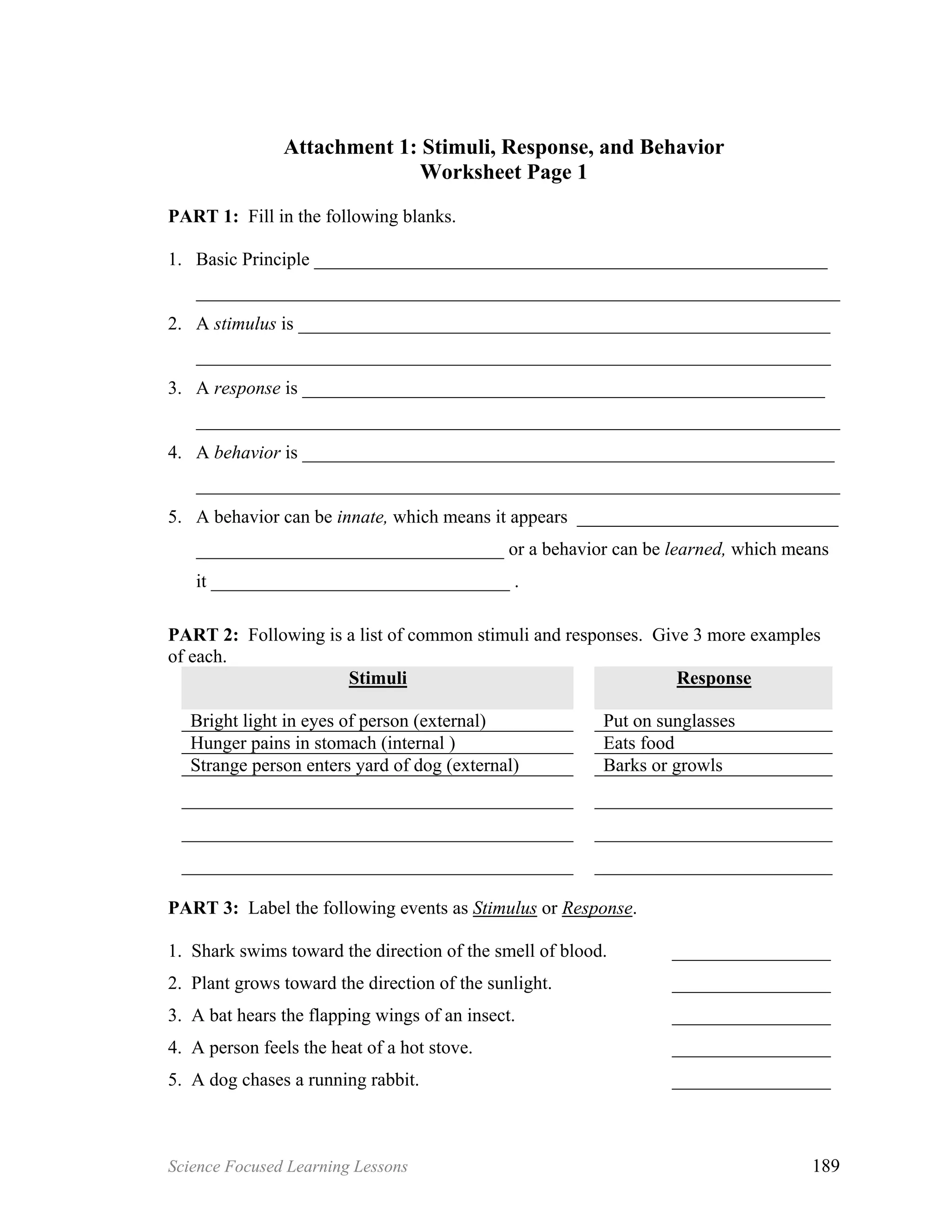 Stimulus and Response Worksheet 2 with Answers | PDF