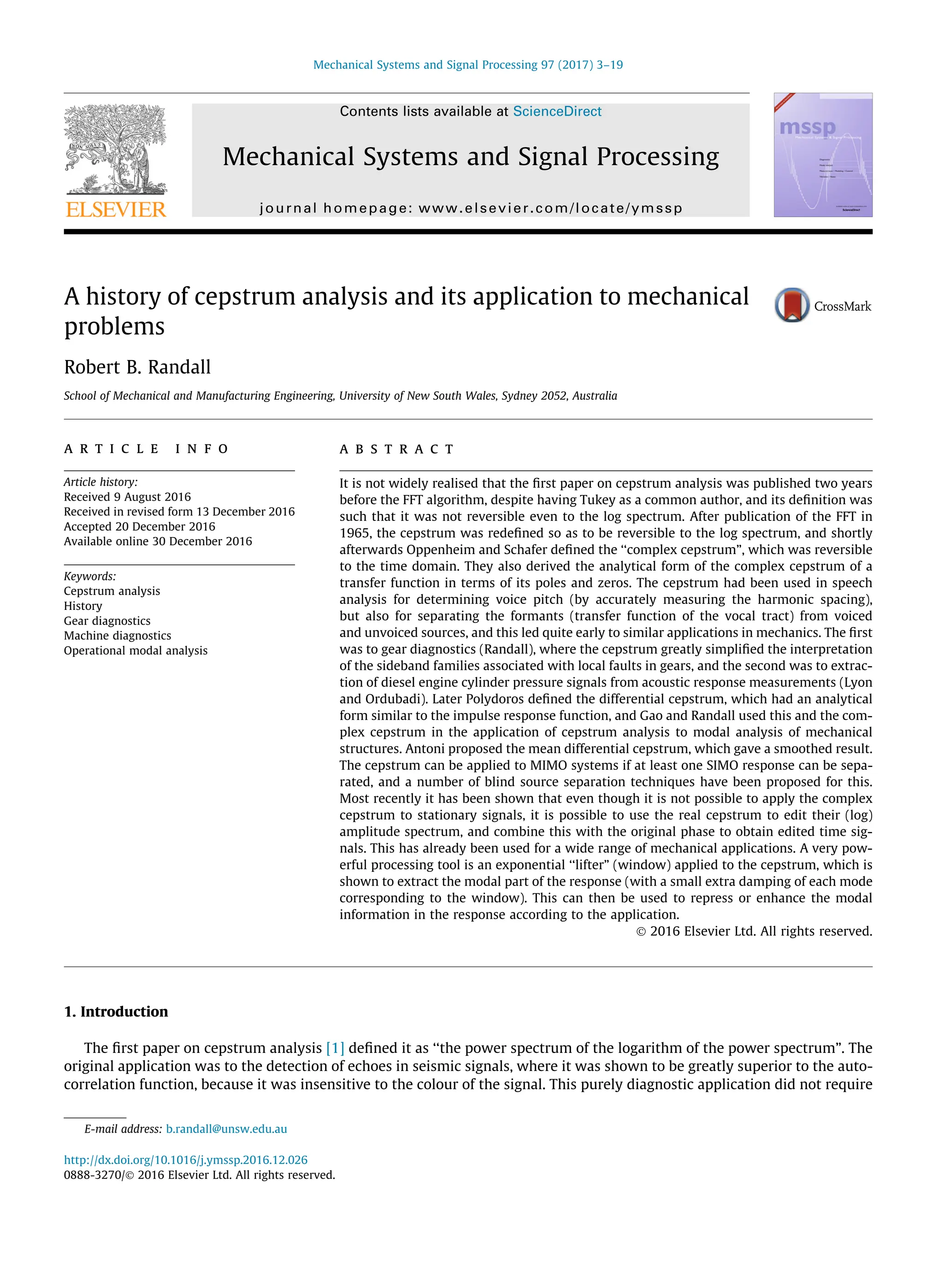 A History Of Cepstrum Analysis And Its Application To Mechanical ...