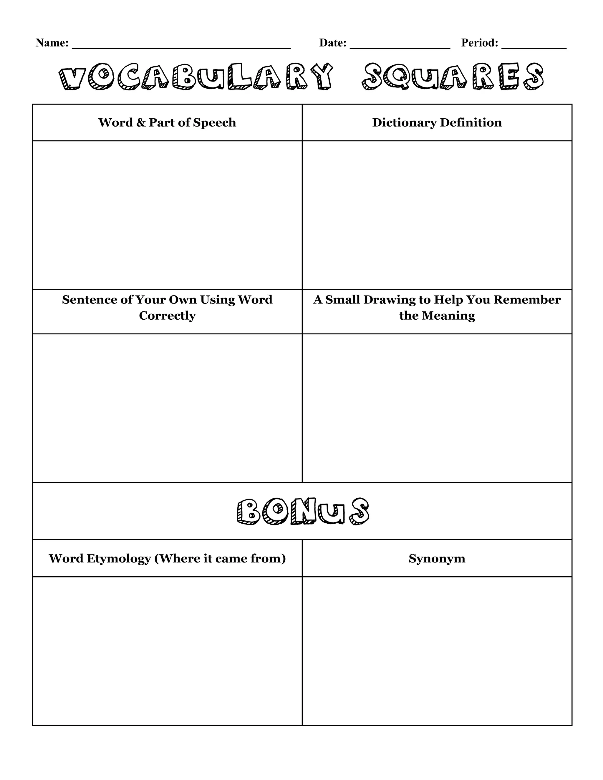 Vocabulary Squares Worksheet | PDF