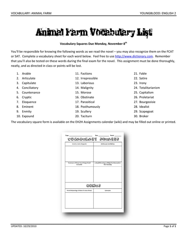 Animal Farm Vocabulary List | PDF