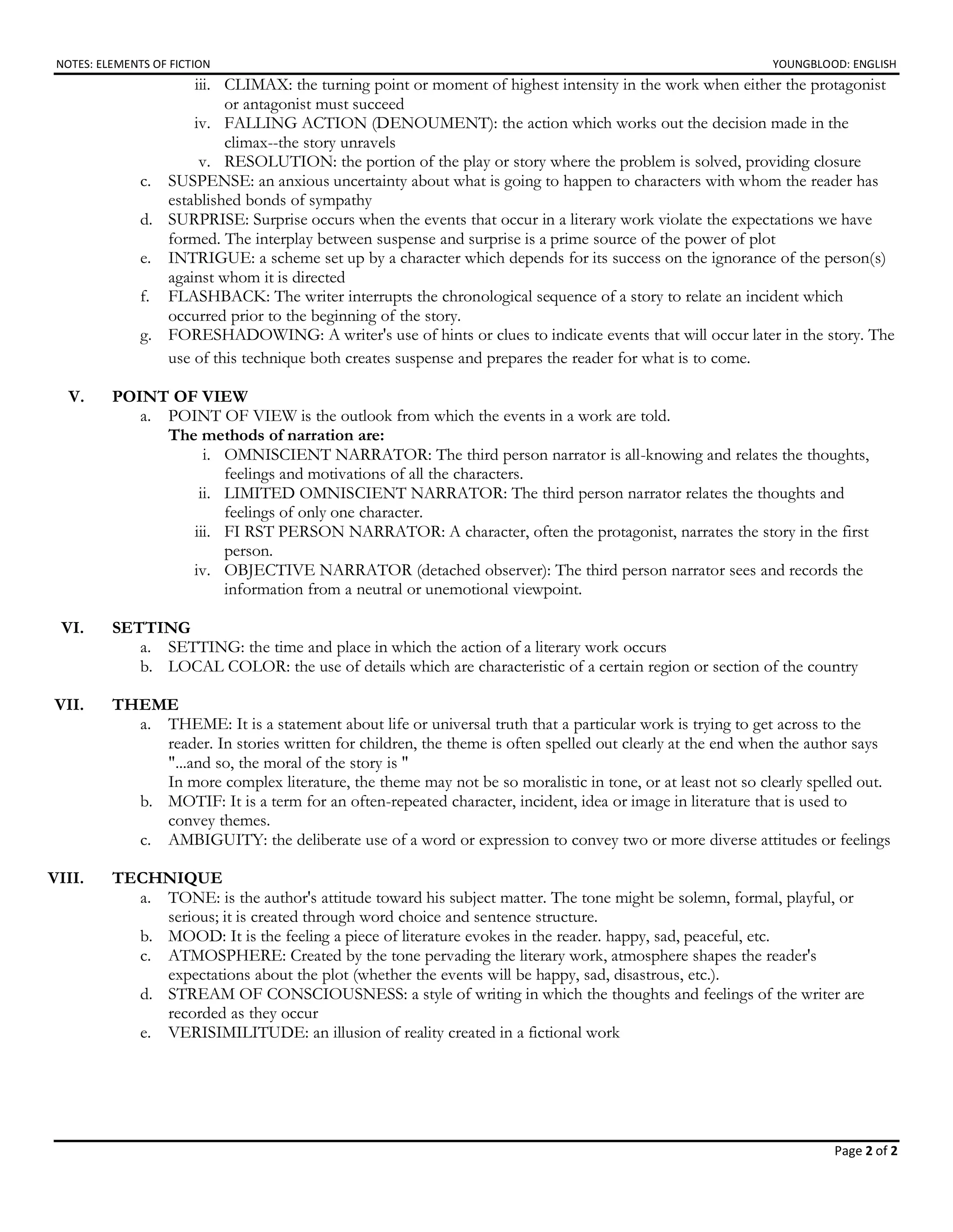 Notes - Elements of Fiction | PDF