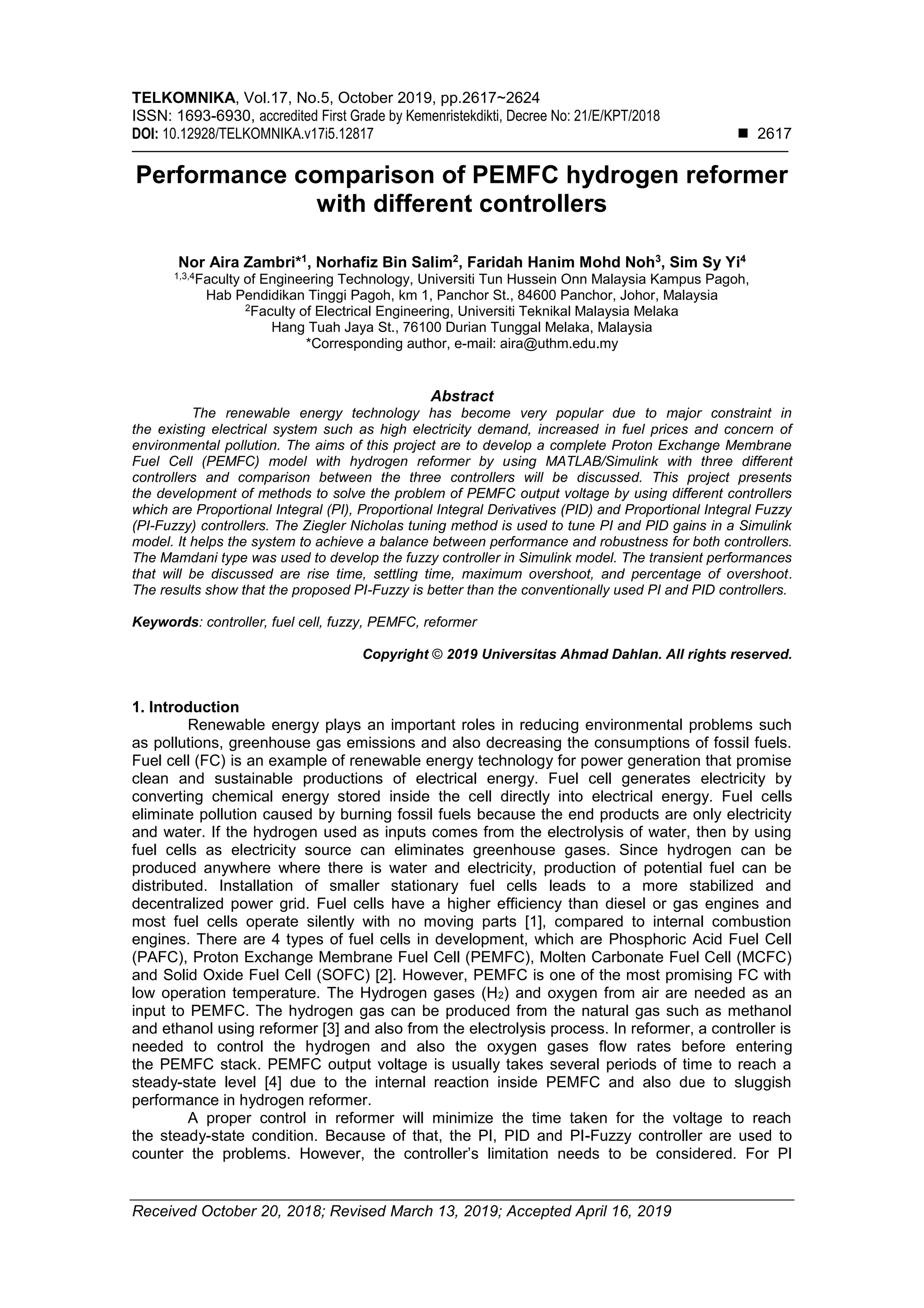 Performance comparison of PEMFC hydrogen reformer with different controllers | PDF