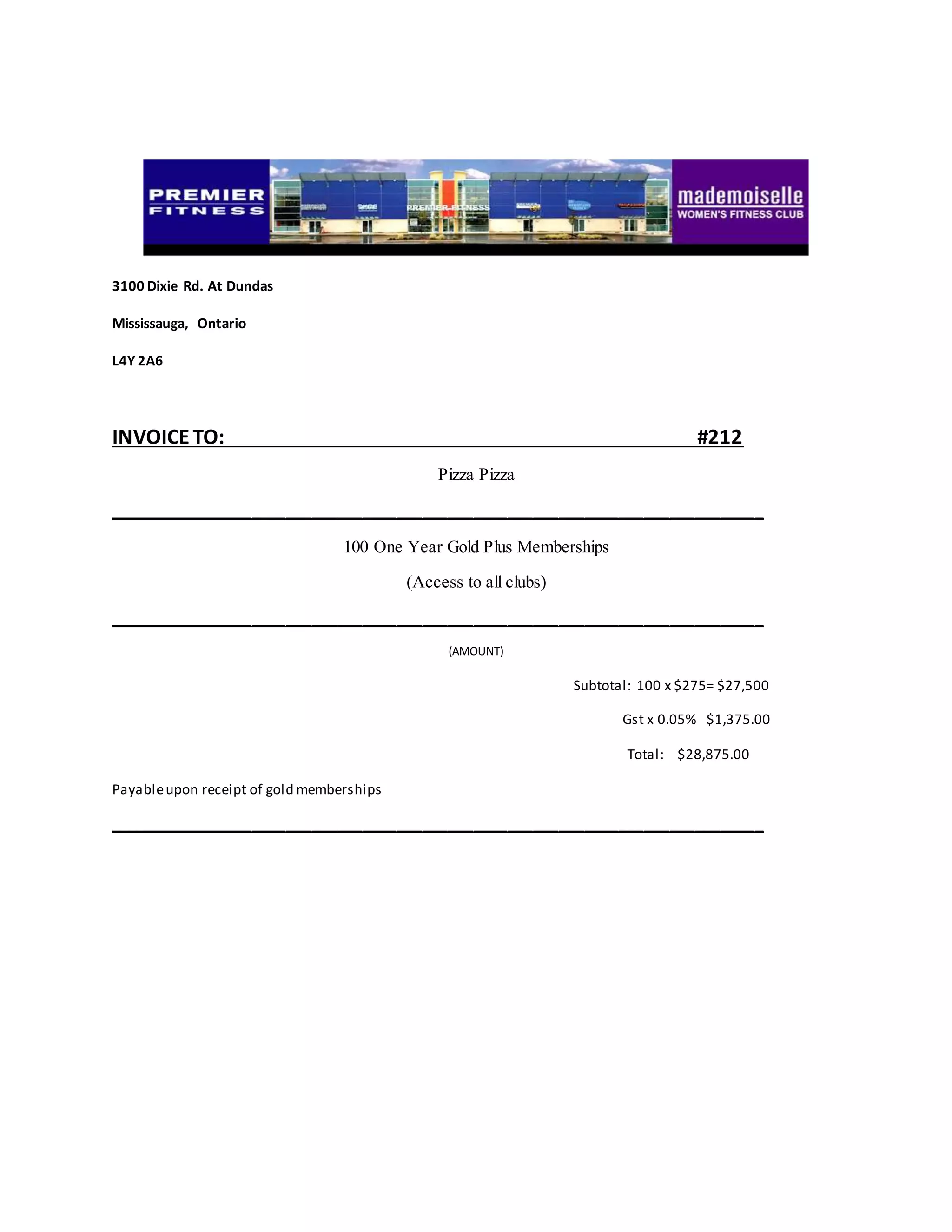 PREMIER FITNESS INVOICE pizzapizza | DOCX
