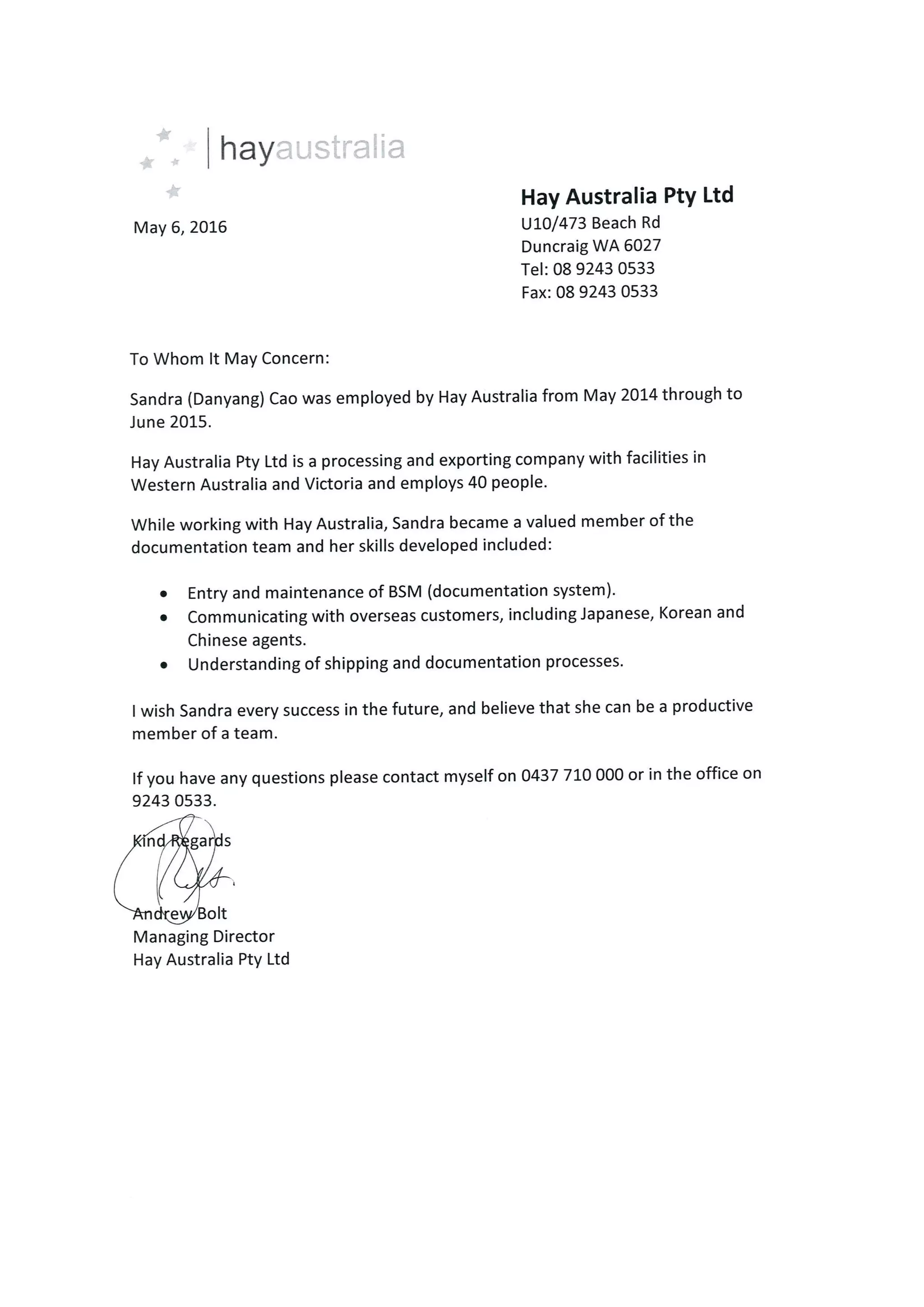 recommendation letter Hay Australia | PDF