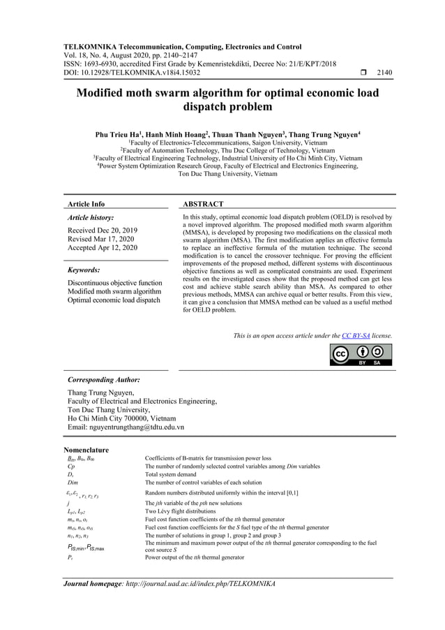 Modified moth swarm algorithm for optimal economic load dispatch problem | PDF