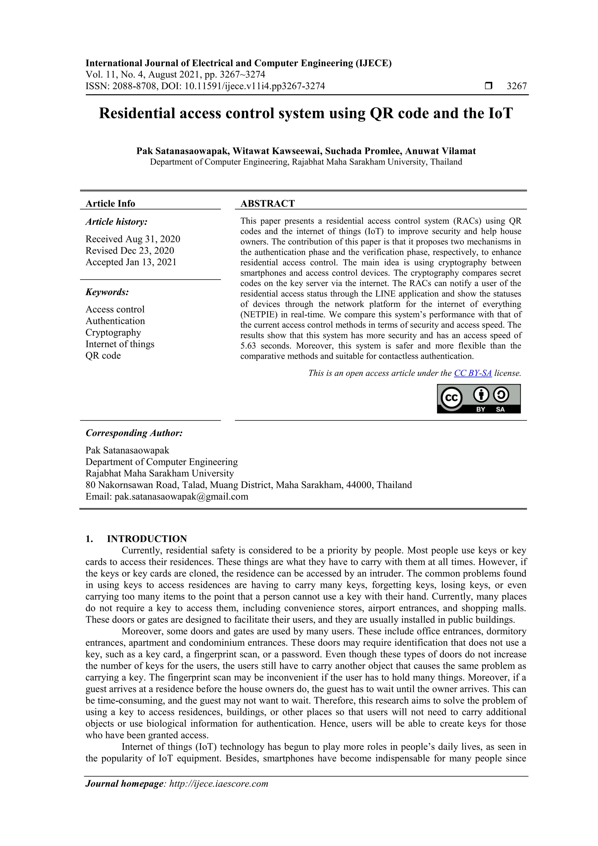 Residential access control system using QR code and the IoT | PDF
