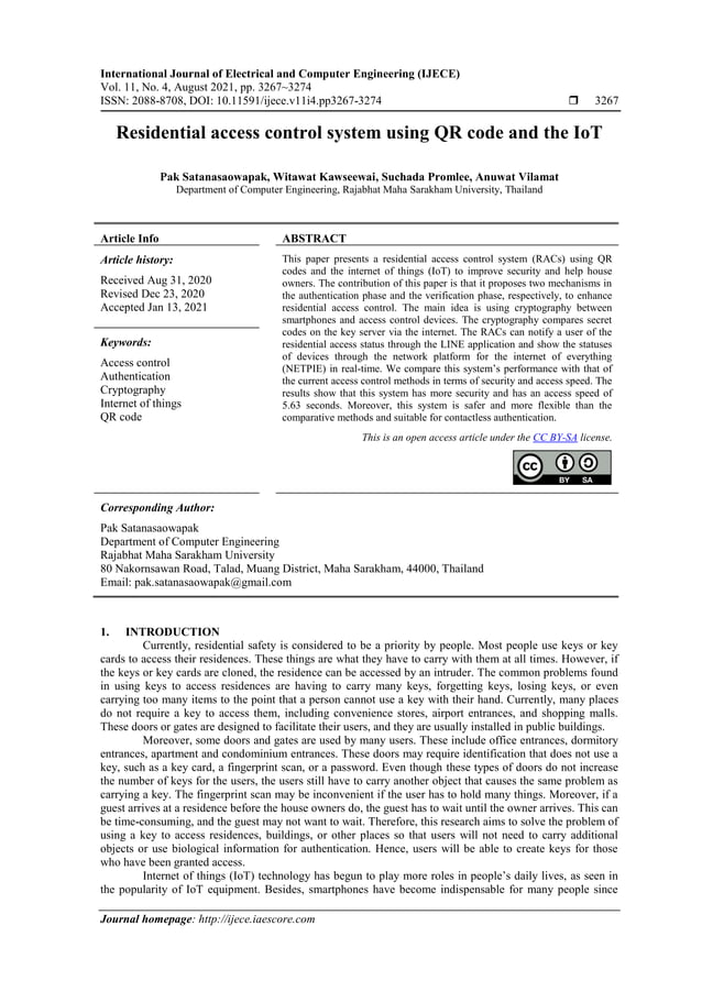 Residential access control system using QR code and the IoT | PDF
