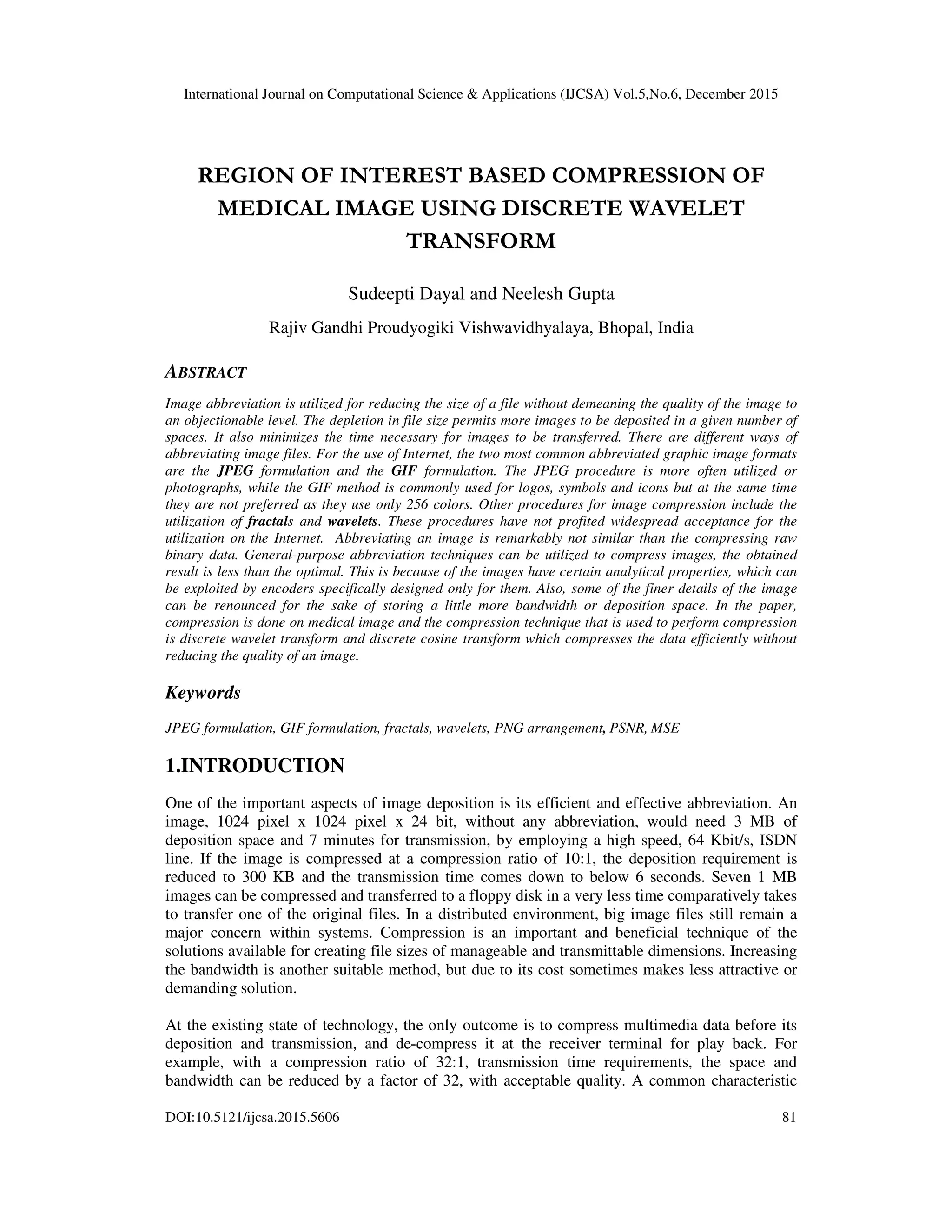 REGION OF INTEREST BASED COMPRESSION OF MEDICAL IMAGE USING DISCRETE WAVELET TRANSFORM | PDF