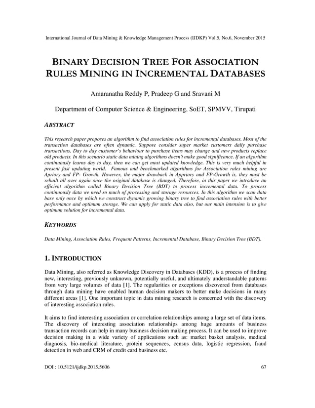 BINARY DECISION TREE FOR ASSOCIATION RULES MINING IN INCREMENTAL DATABASES | PDF