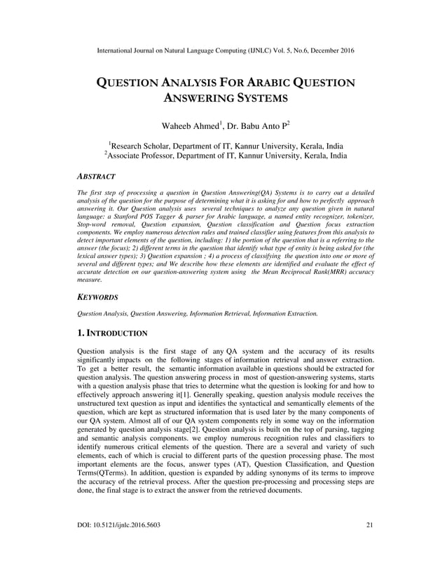 QUESTION ANALYSIS FOR ARABIC QUESTION ANSWERING SYSTEMS | PDF