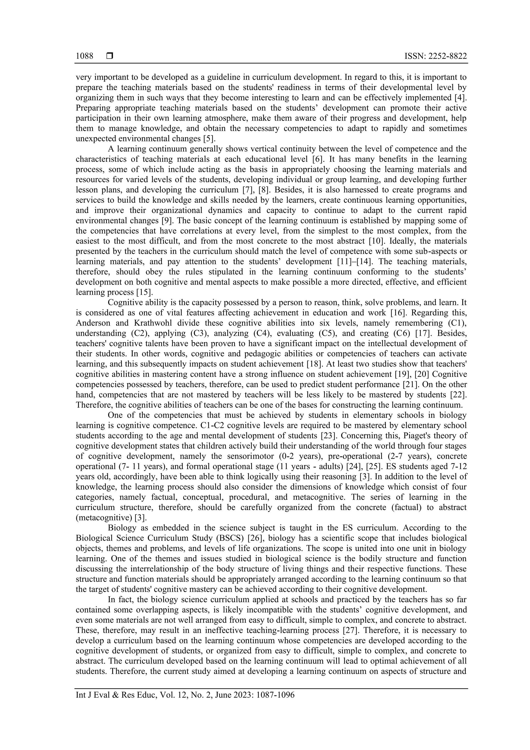 Biology science learning continuum at the elementary school level based on teachers’ cognitive ...