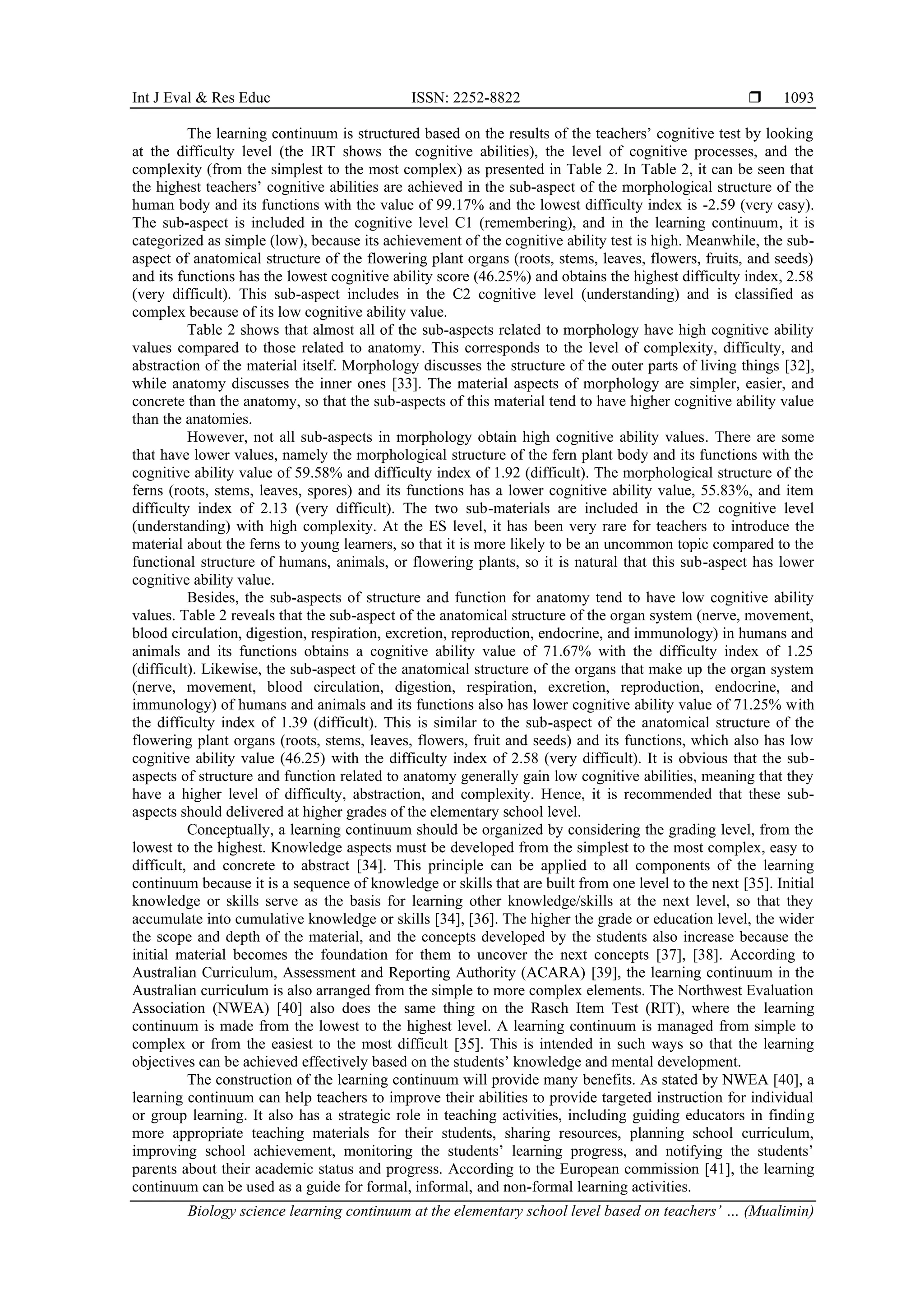 Biology science learning continuum at the elementary school level based ...