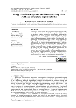 Biology science learning continuum at the elementary school level based ...