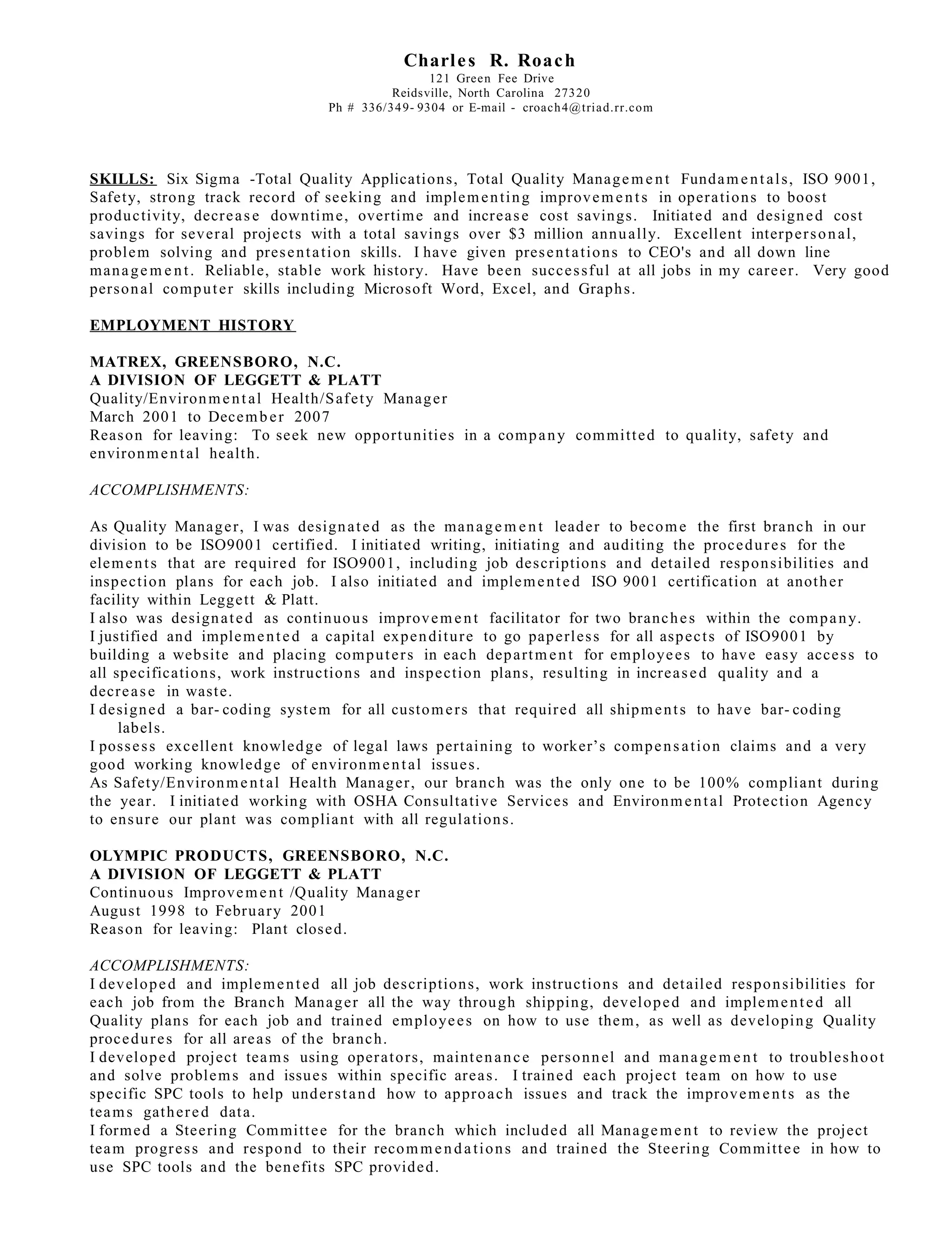 Charles Roach Resume2.DOC | Business Administration | Business