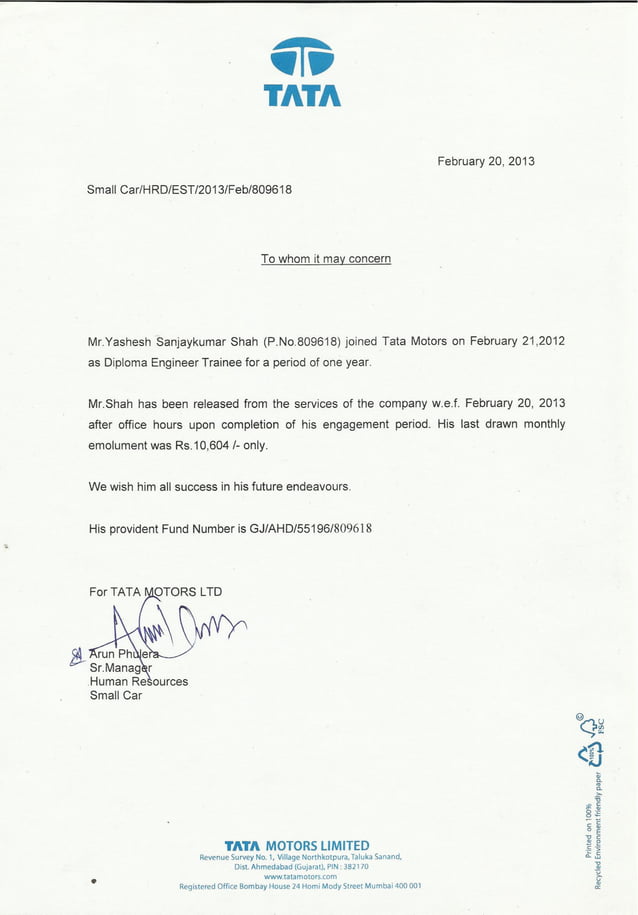 TATA Motors 2nd year Experiance Certificate | PDF