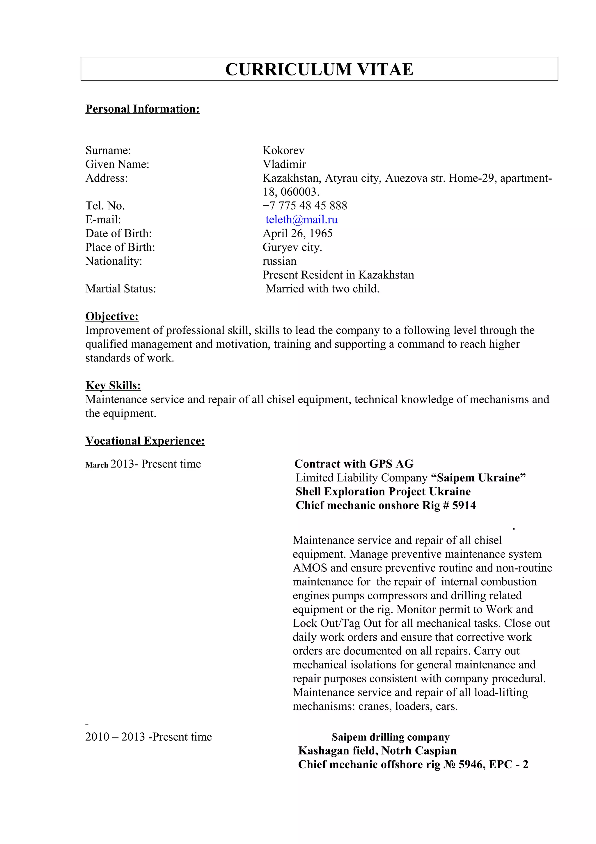 CURRICULUM VITAE (1) | DOC | Auto Repair | Automotive