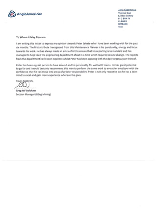 Greg from Anglo American - Recommendation Letter M.P Sebete | PDF