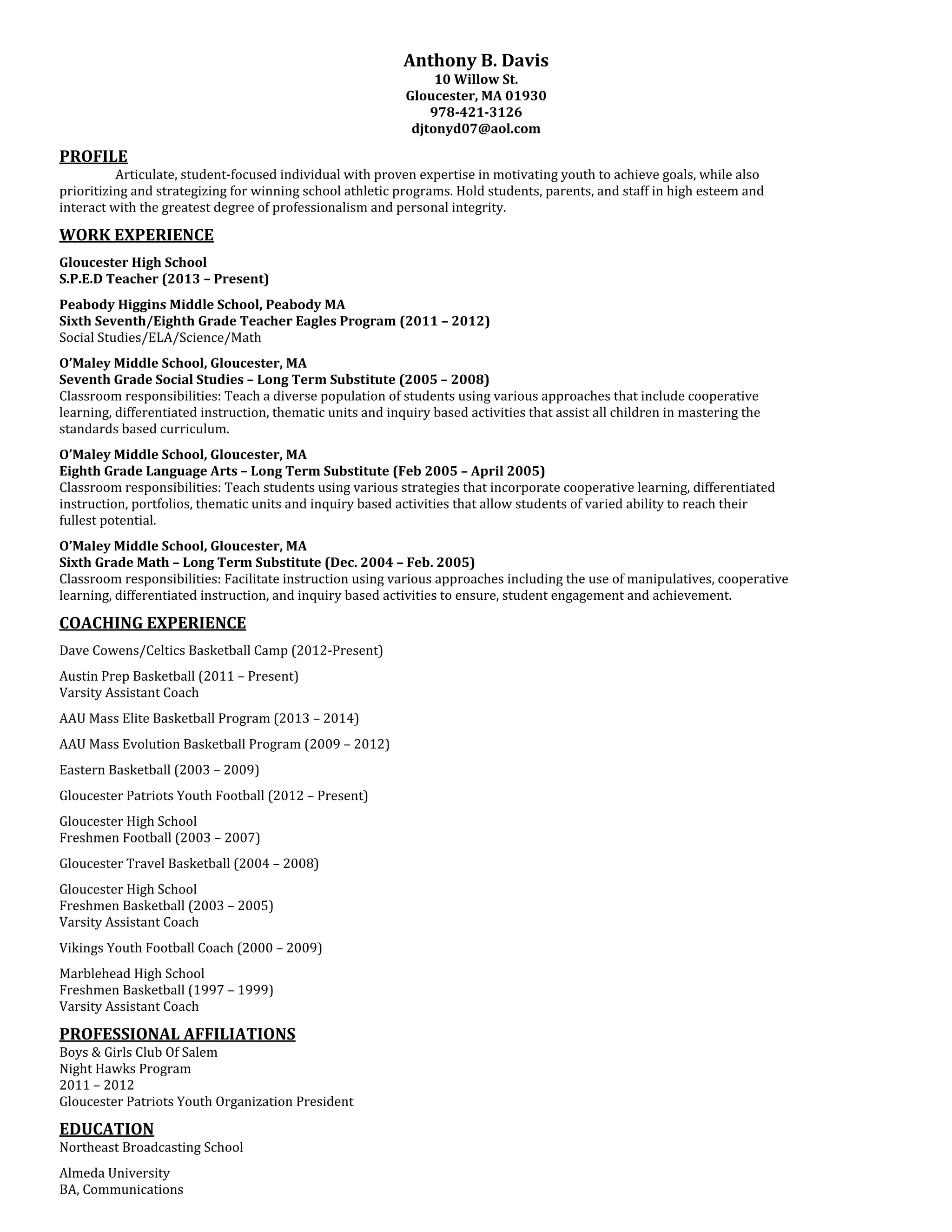 Anthony B. Davis Resume 2016 | PDF