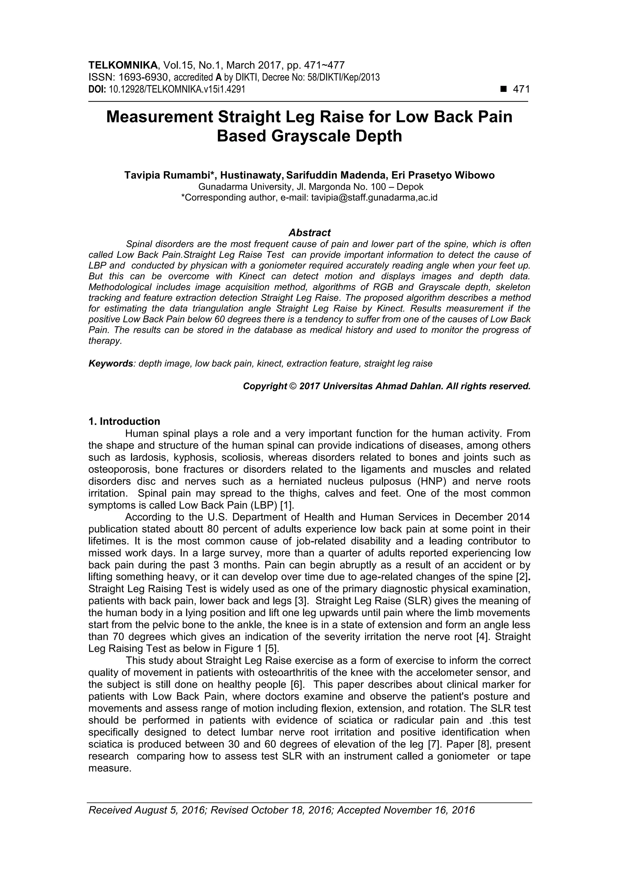 Measurement Straight Leg Raise for Low Back Pain Based Grayscale Depth ...