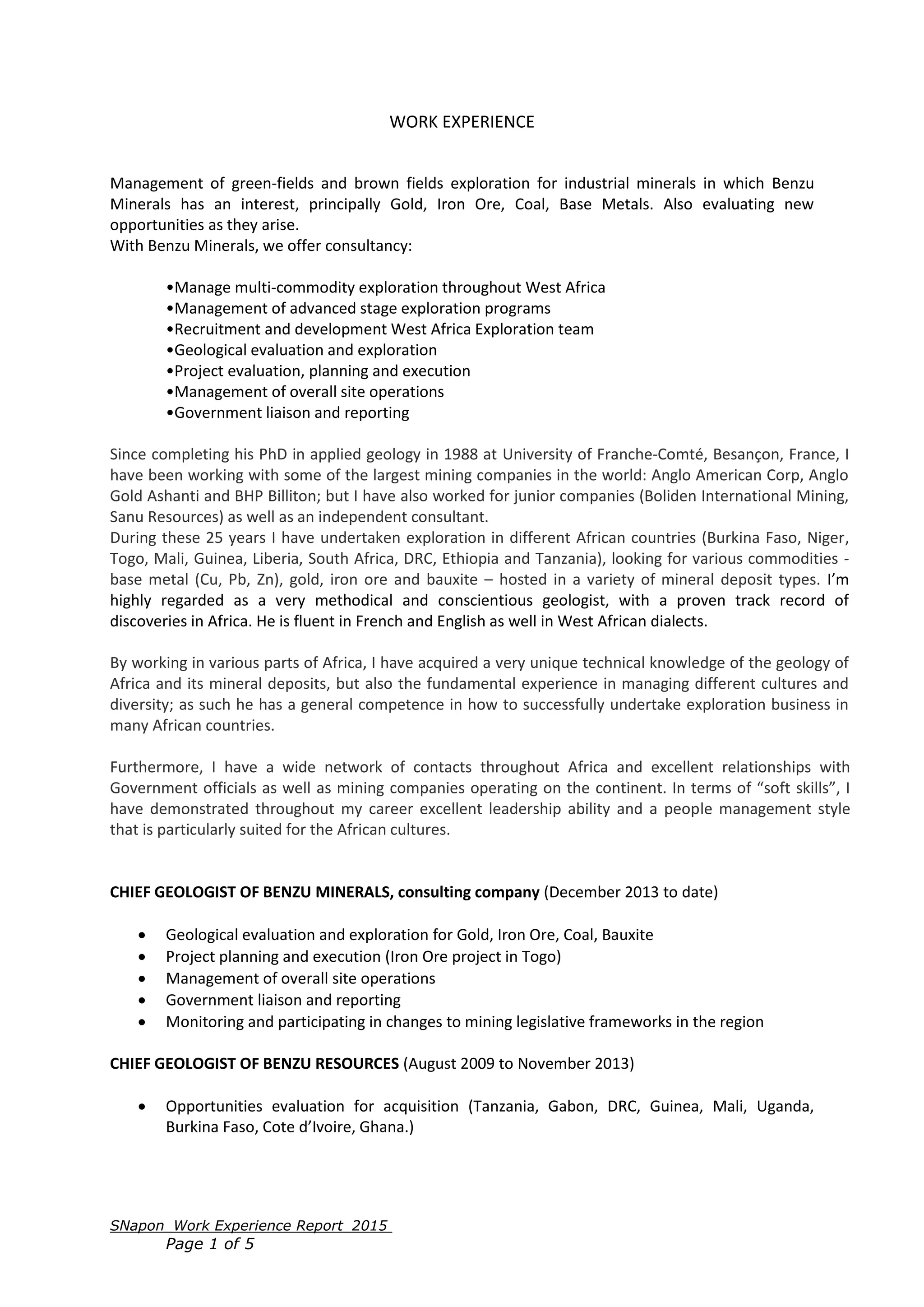 SNapon_Work Experience Report_2015 | PDF | Africa Travel | Travel Locations