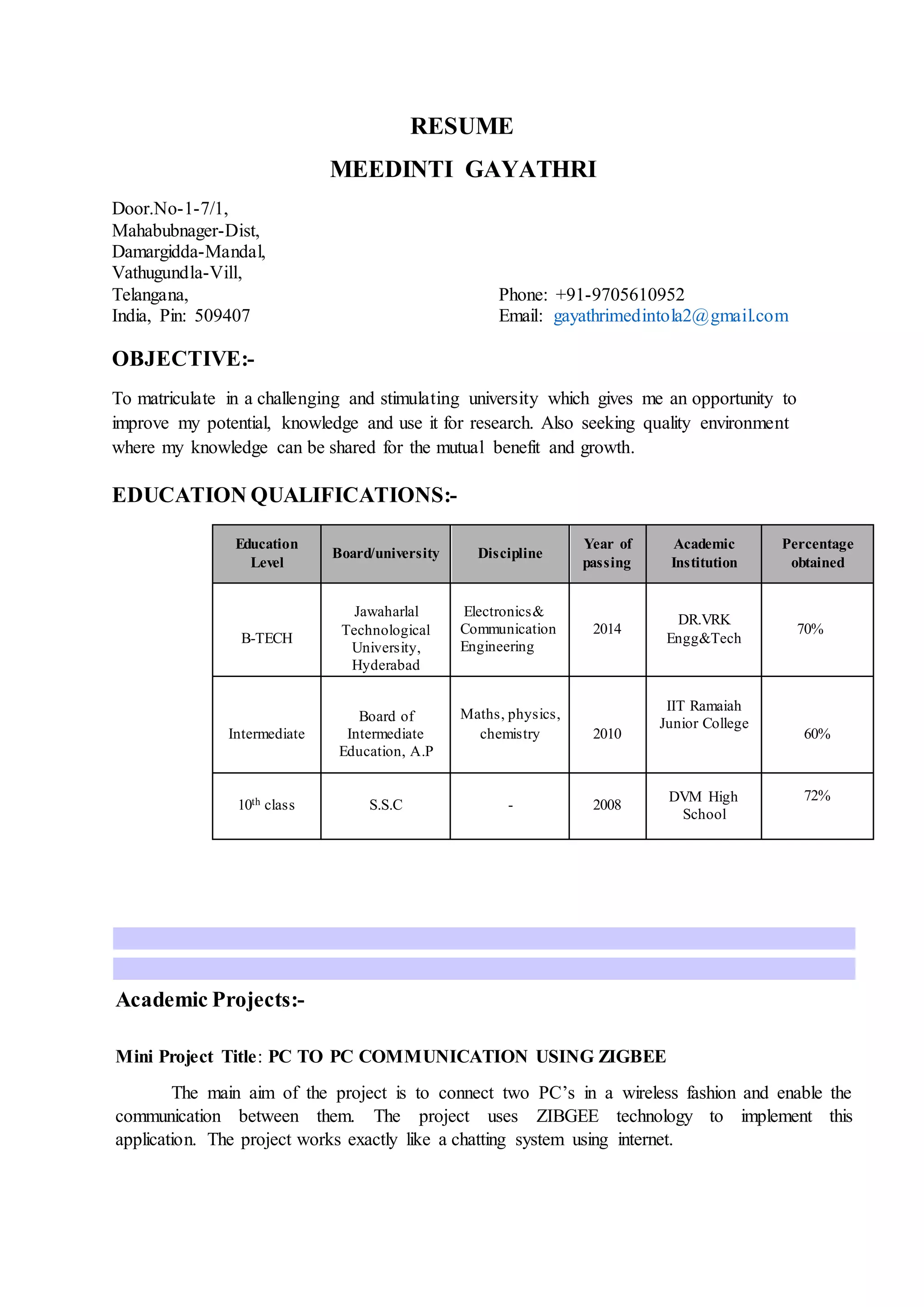 Gayathri resume modified | DOCX | College Education | Education