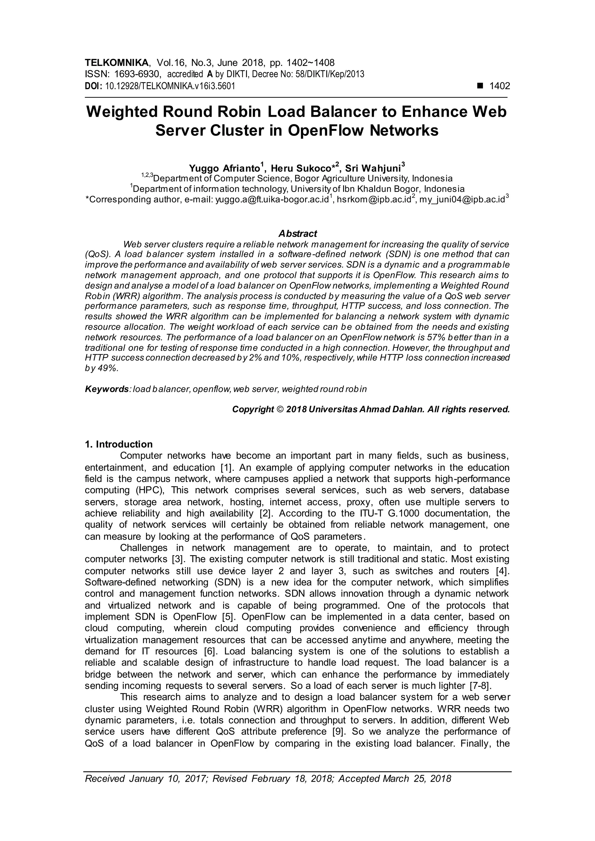 Weighted Round Robin Load Balancer to Enhance Web Server Cluster in OpenFlow Networks | PDF