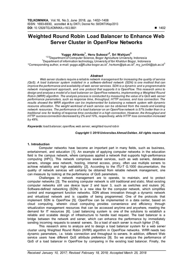 Weighted Round Robin Load Balancer to Enhance Web Server Cluster in OpenFlow Networks | PDF