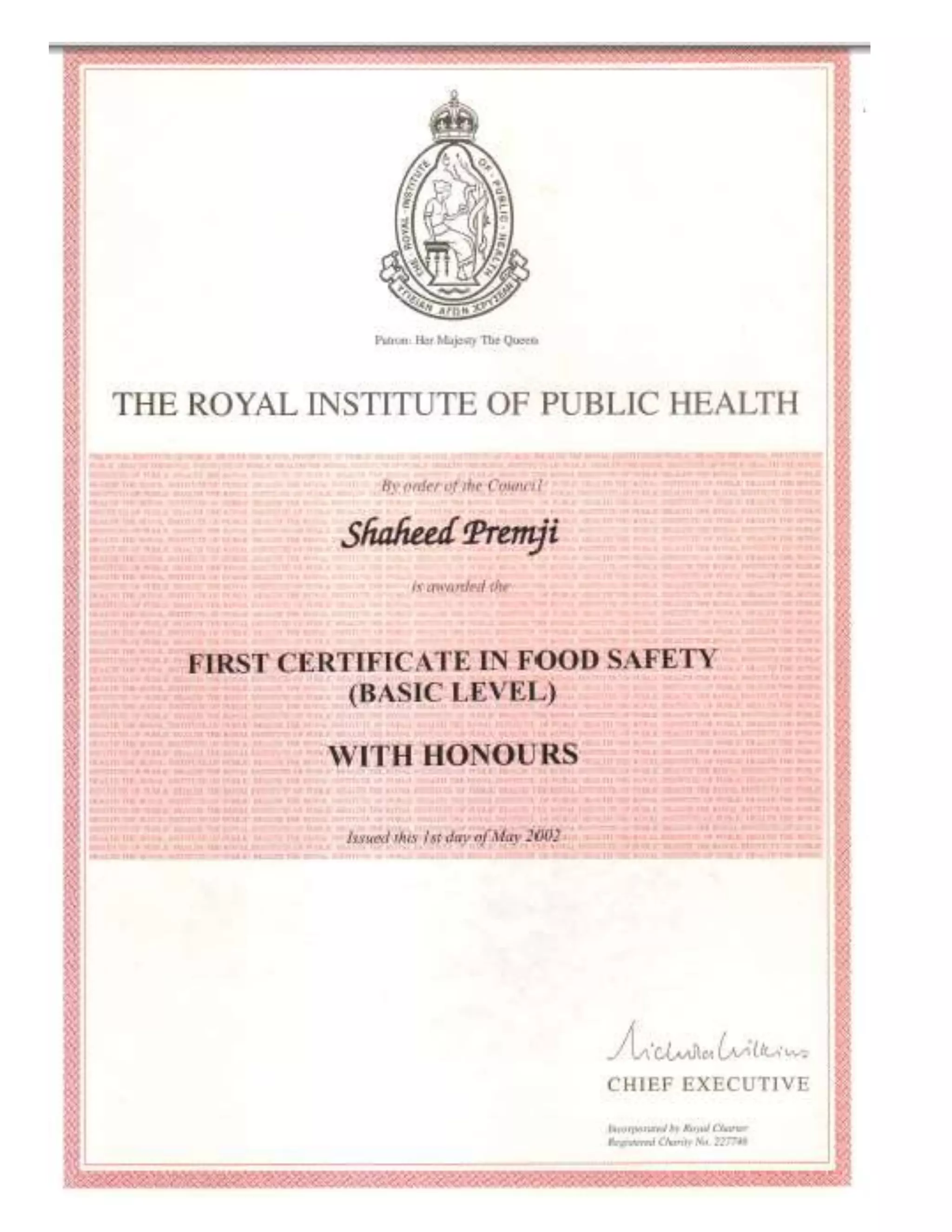 Certificate in Food Safety | DOCX