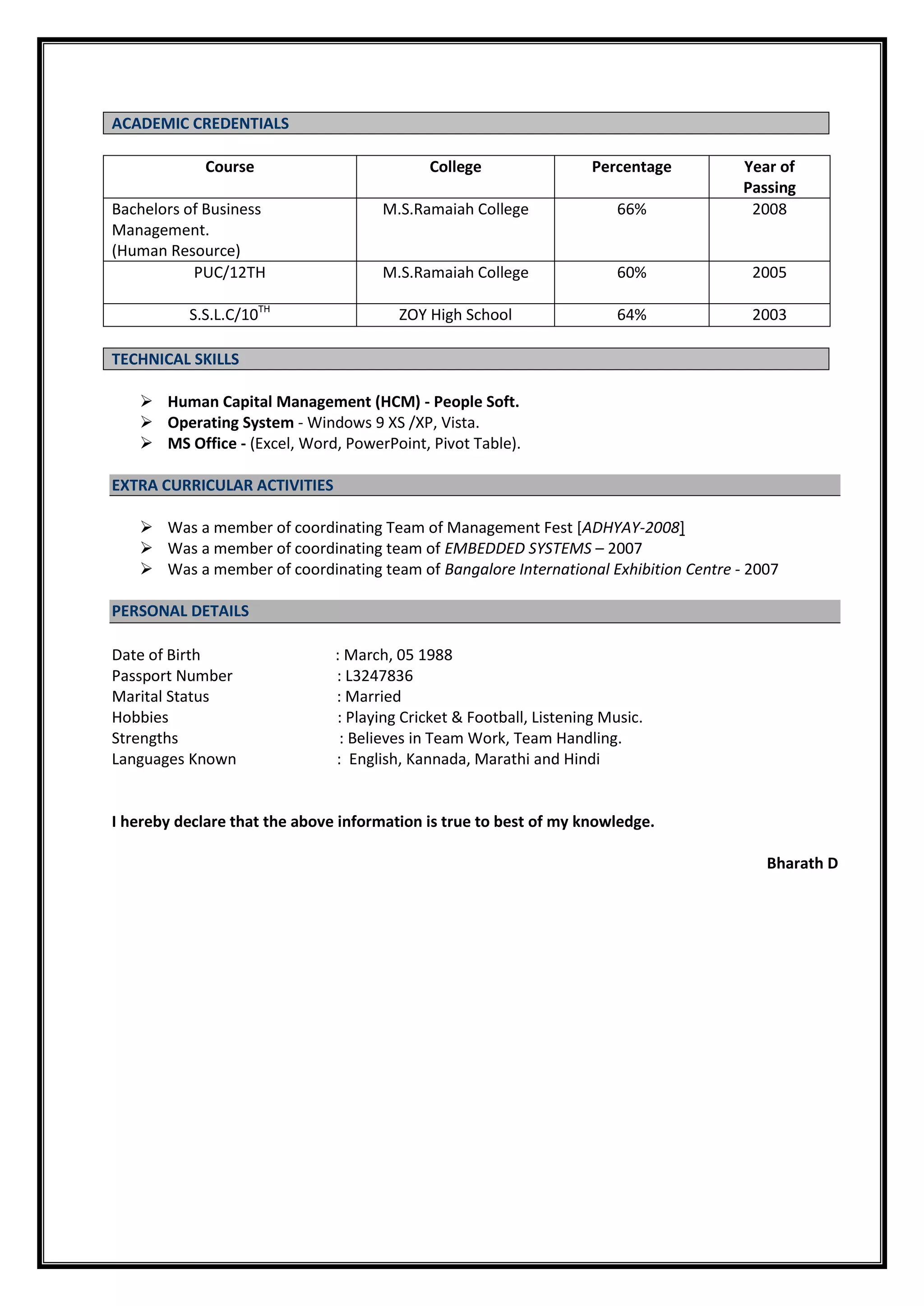 Resume - Bharath | PDF | Human Resources | Business