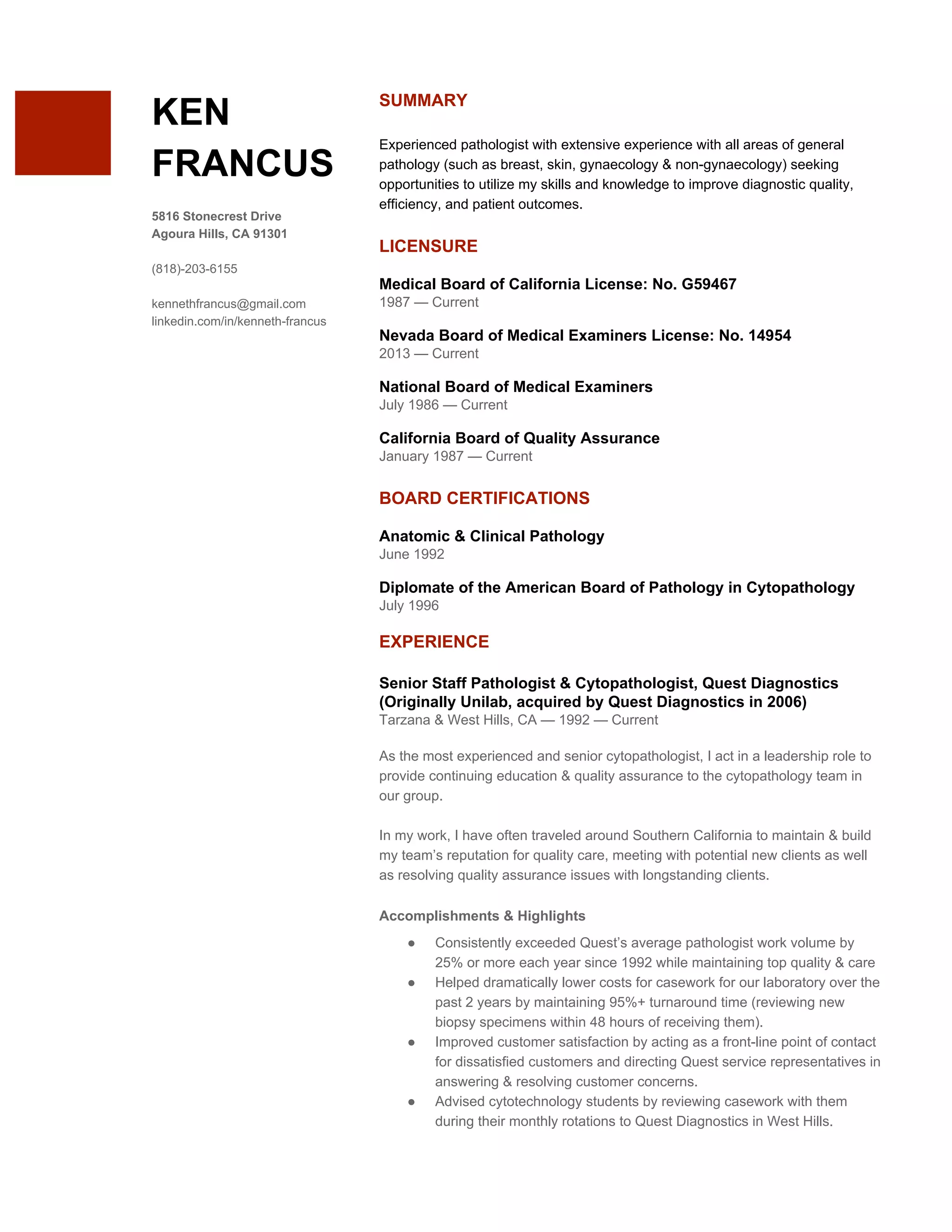 Kenneth Francus Resume | PDF | Medical Health