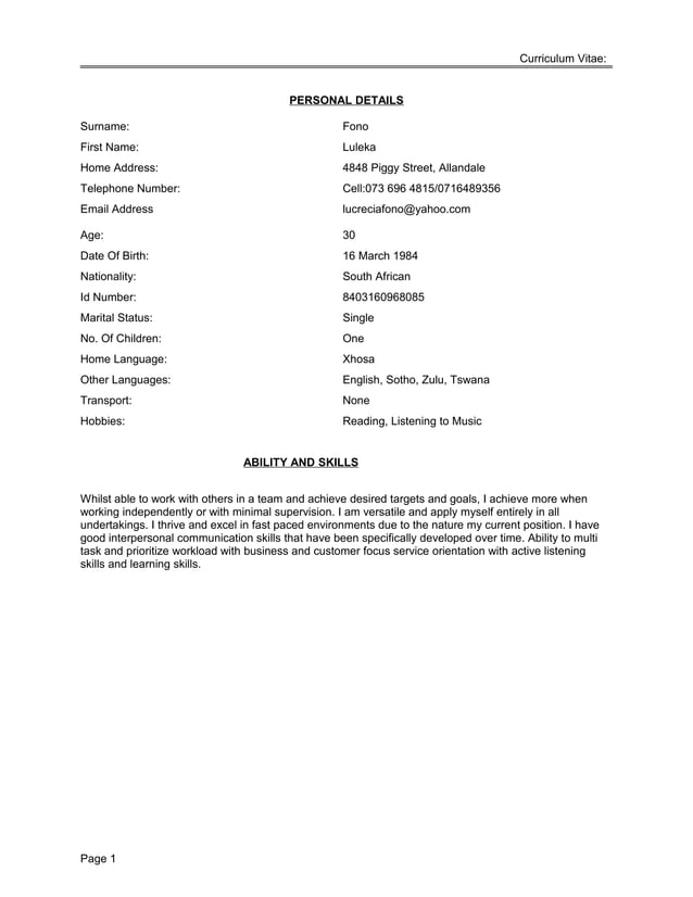 LULEKA PERSONAL DETAILS (222) | PDF