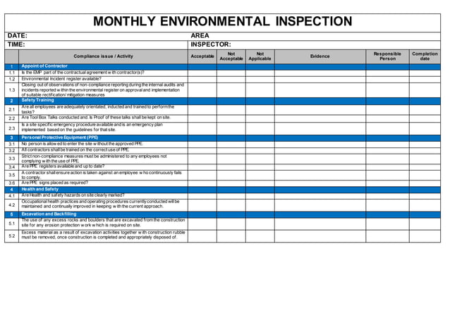 Monthly Environmental Inspection | DOCX | Indoor Environmental Quality ...