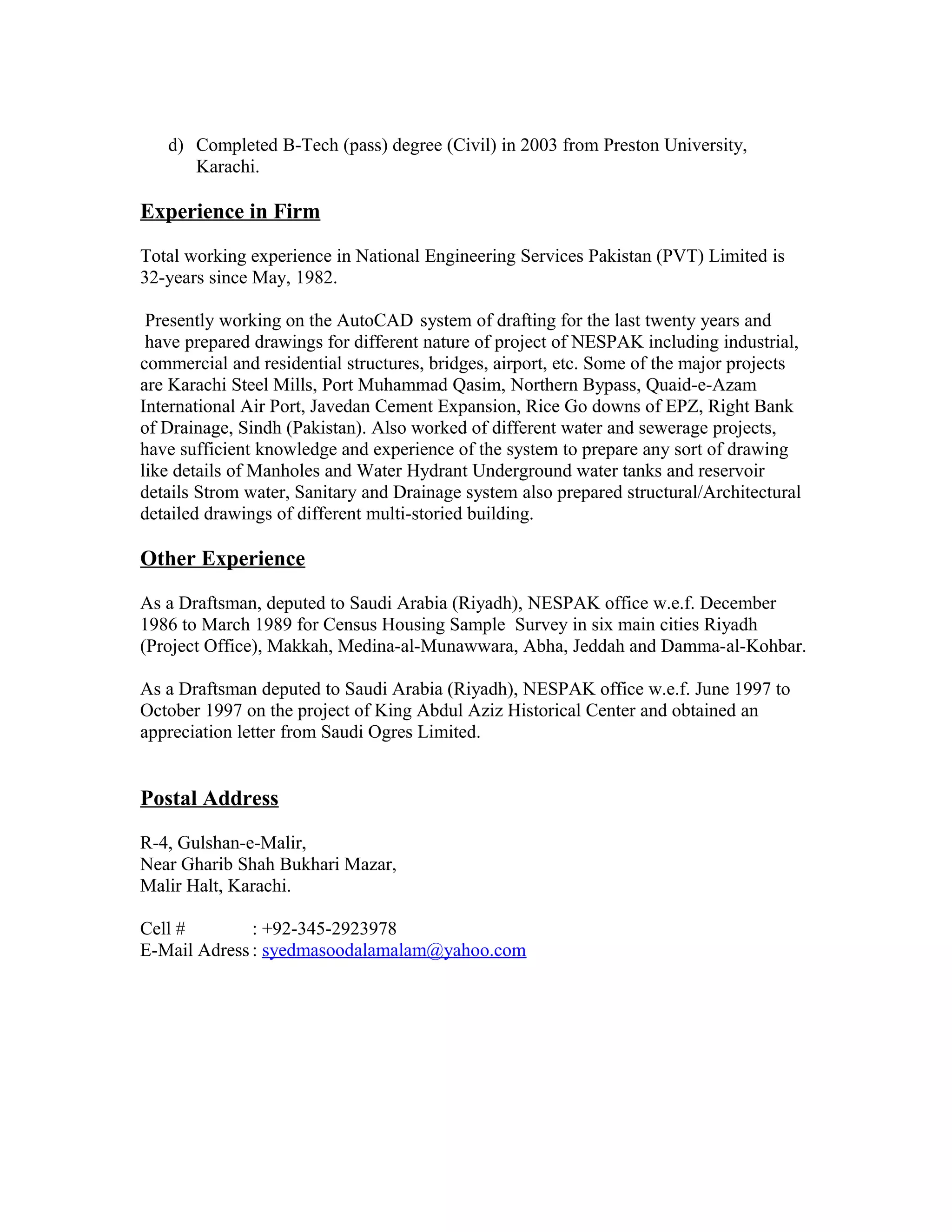 Copy of CV (Masood Alam) | DOC | Civil Engineering Industry | Industries