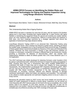 Focus on Identifying Hidden Risks and Improved Technologies for Piping and Pipeline Inspection ...