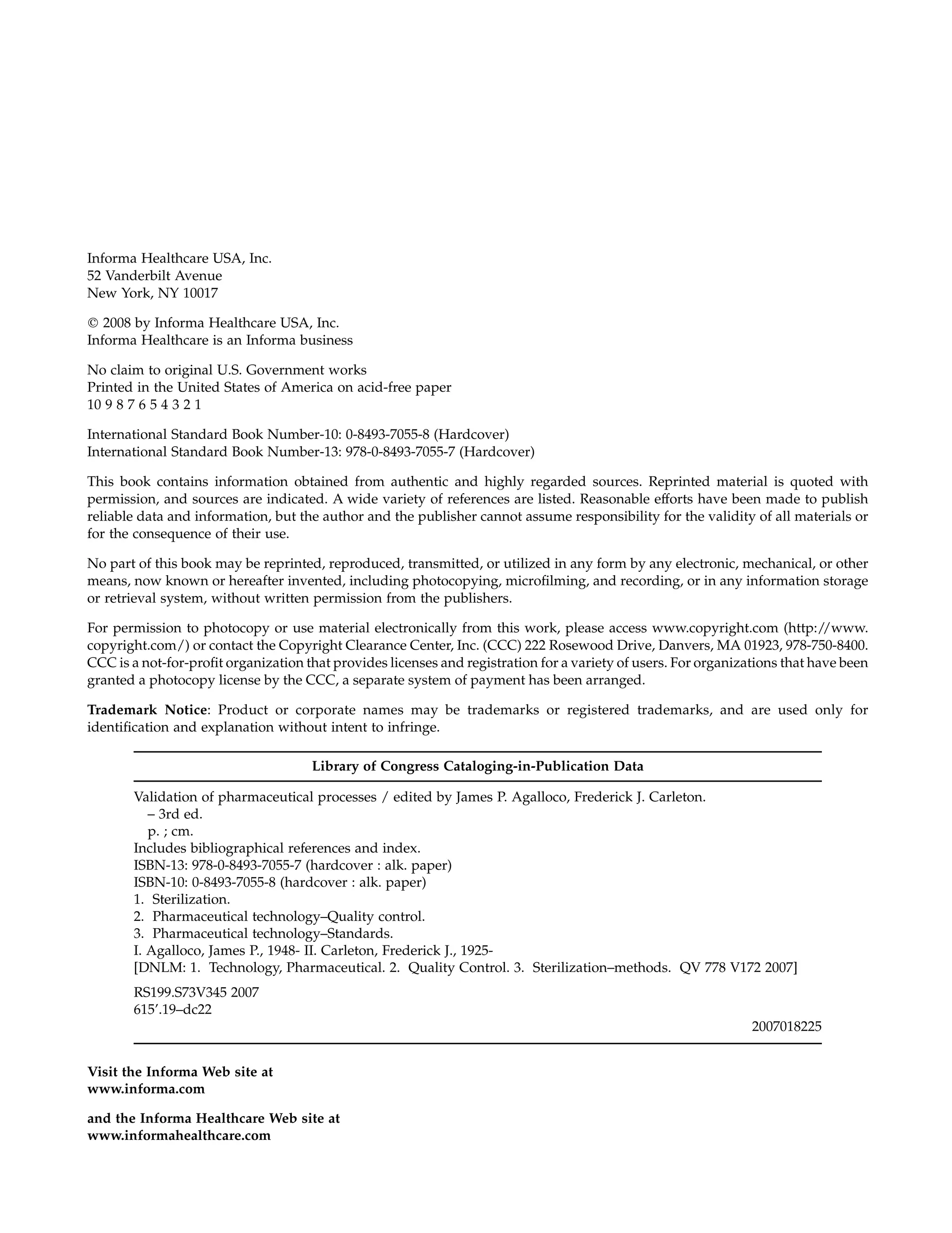 Validation Of Pharmaceutical Processes 3rd P Agalloco James | PDF