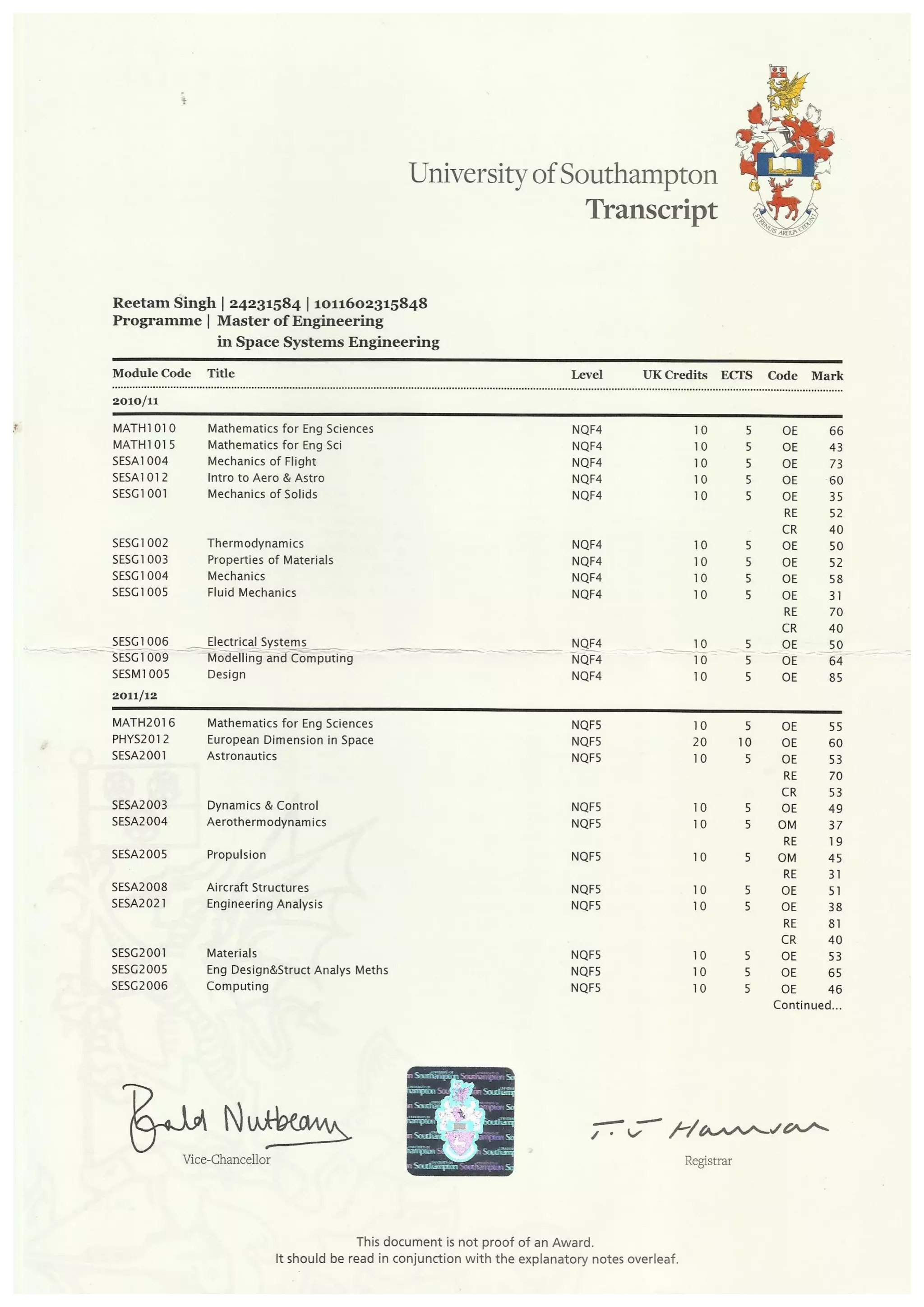 Transcript & Degree of Space Systems Engineering Reetam Singh | PDF