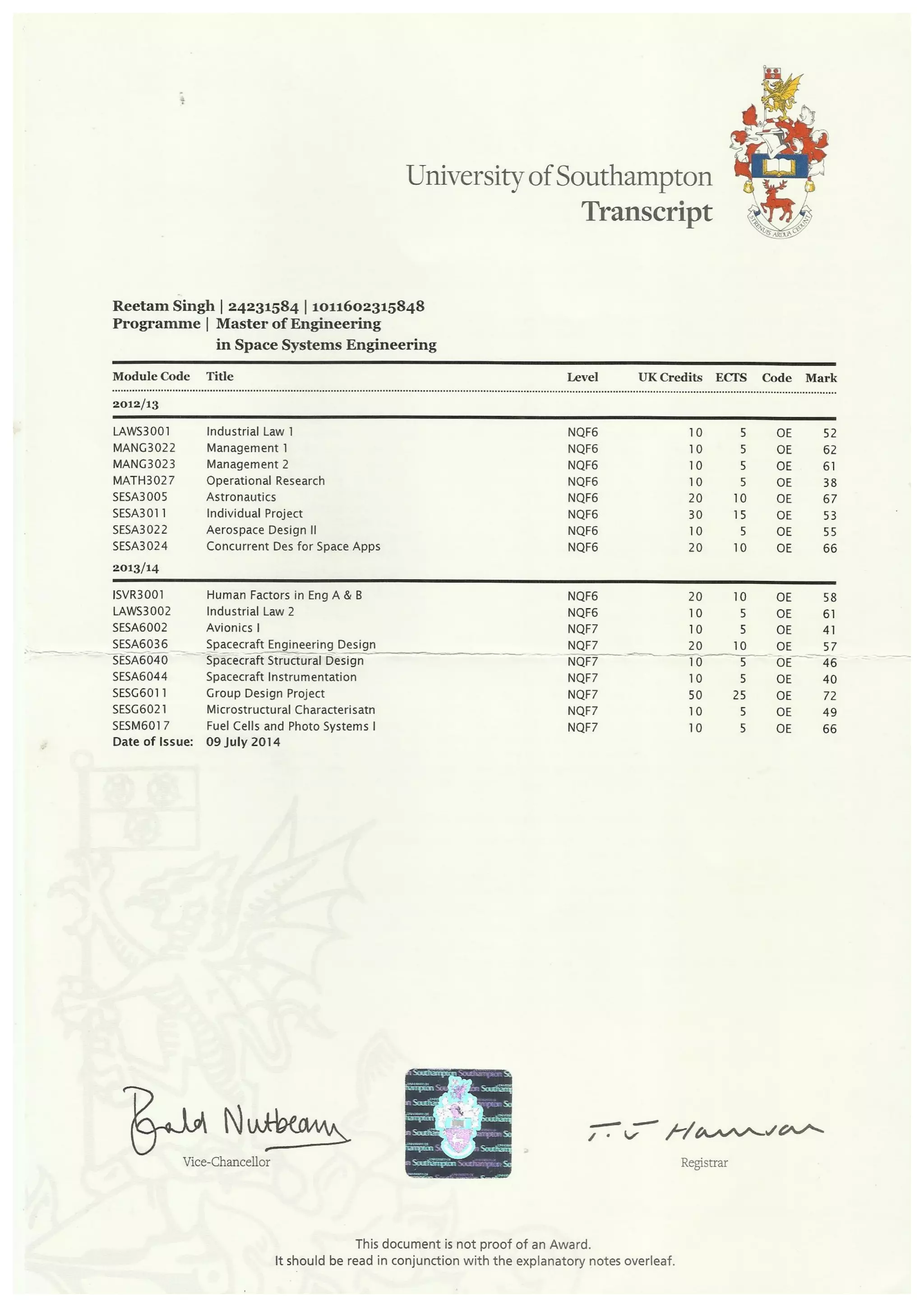 Transcript & Degree of Space Systems Engineering Reetam Singh | PDF