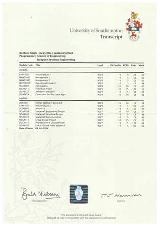 Transcript & Degree of Space Systems Engineering Reetam Singh | PDF