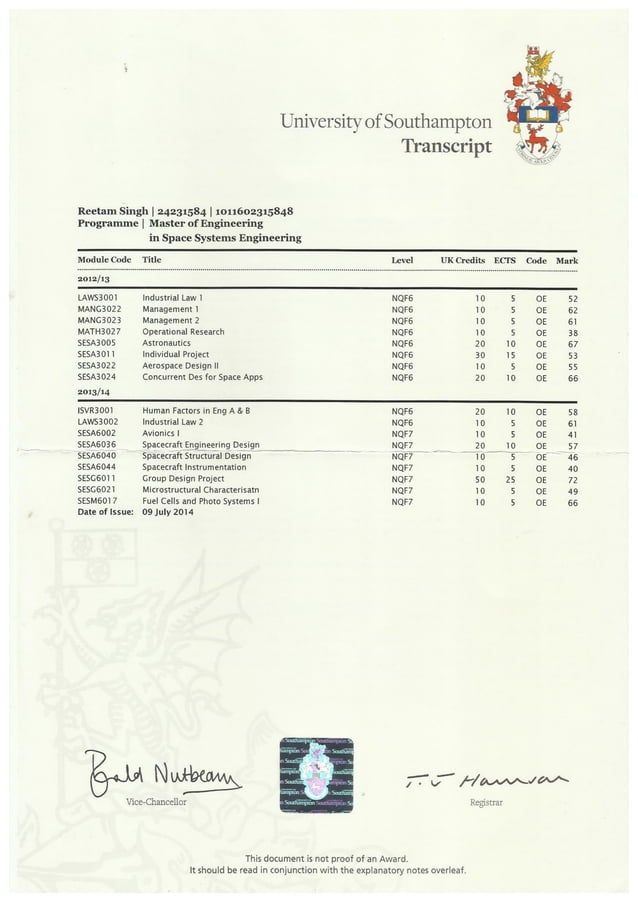 Transcript & Degree of Space Systems Engineering Reetam Singh | PDF