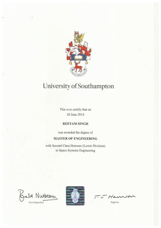 Transcript & Degree of Space Systems Engineering Reetam Singh | PDF