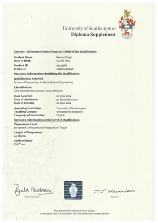 Transcript & Degree of Space Systems Engineering Reetam Singh | PDF