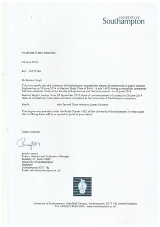 Transcript & Degree of Space Systems Engineering Reetam Singh | PDF