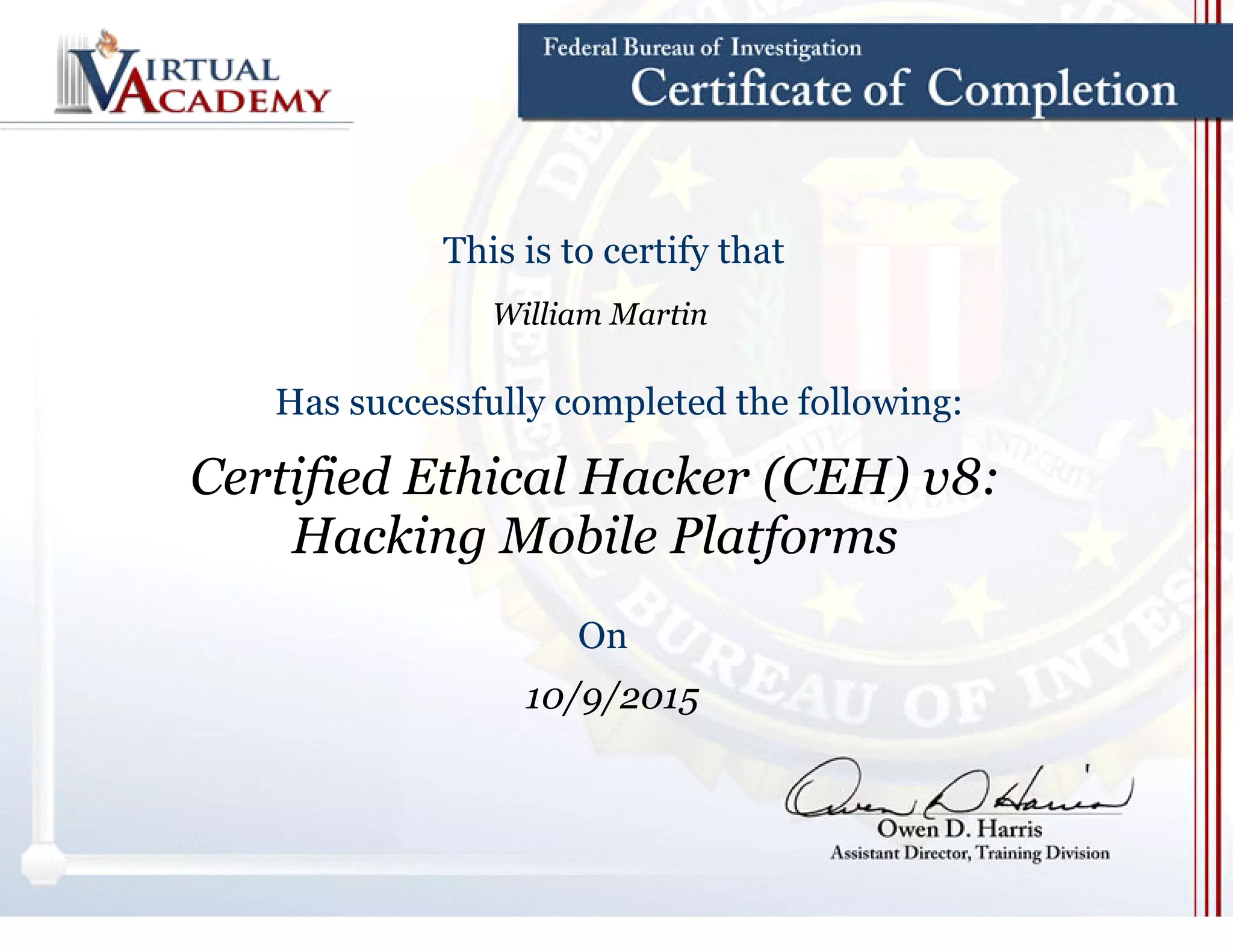 Certificate_FBI_Certified Ethical Hacker CEH v8 Hacking Mobile Platforms | PDF