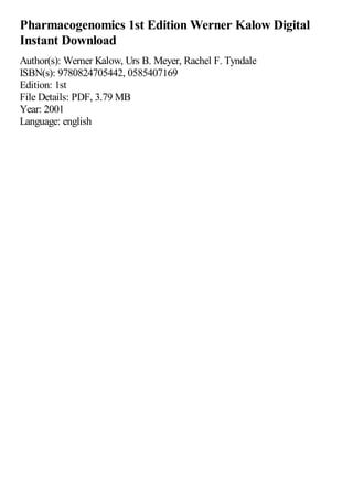 Pharmacogenomics 1st Edition Werner Kalow | PDF