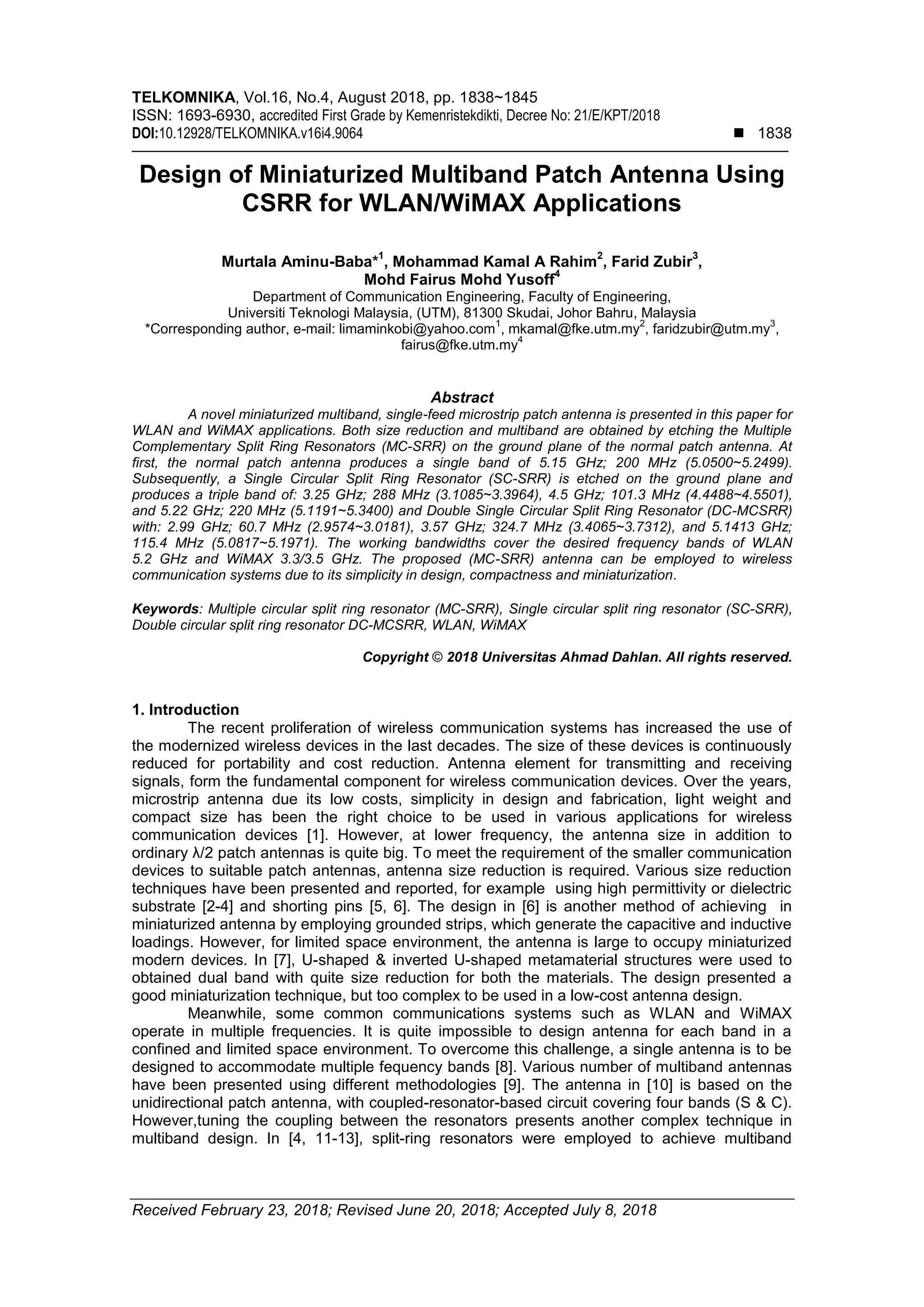Design of Miniaturized Multiband Patch Antenna Using CSRR for WLAN ...